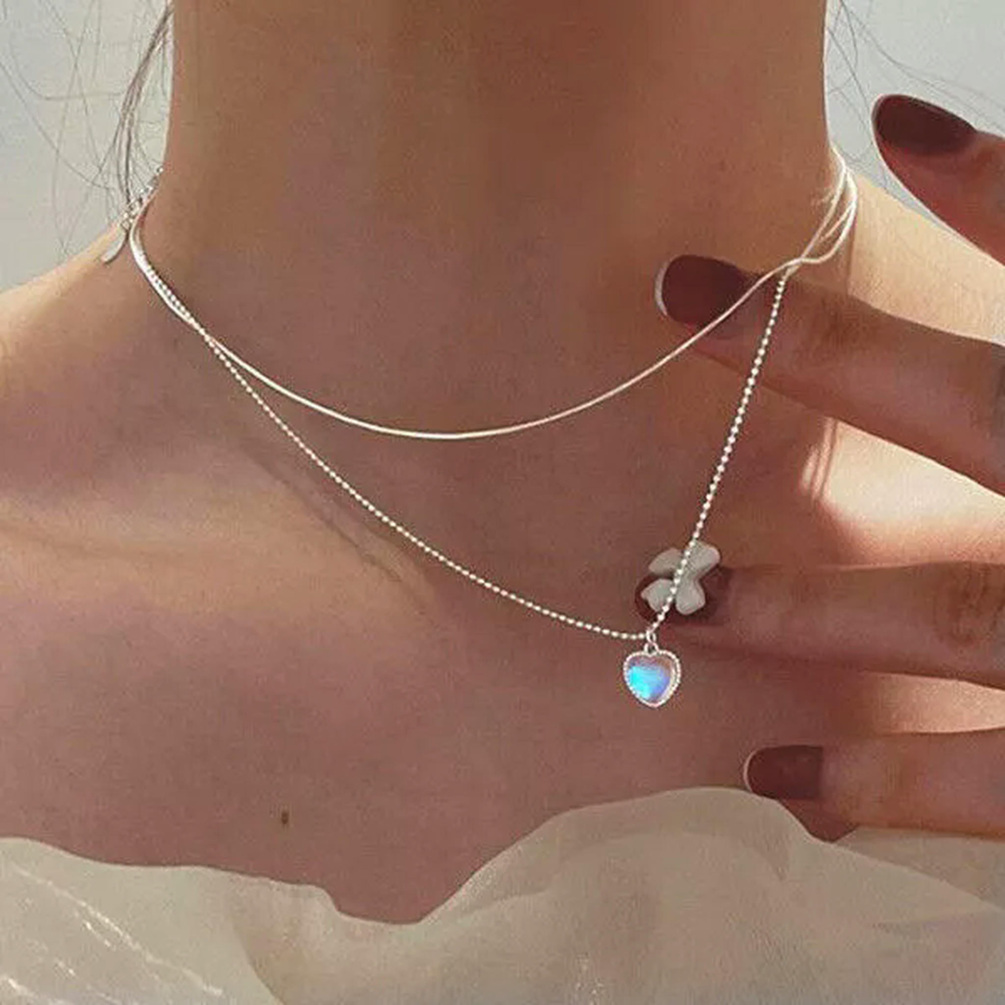 EOEMY 925 Silver Filled Heart Moonstone Pendant Chain Necklace Womens Jewellery Choker - Walmart.com
