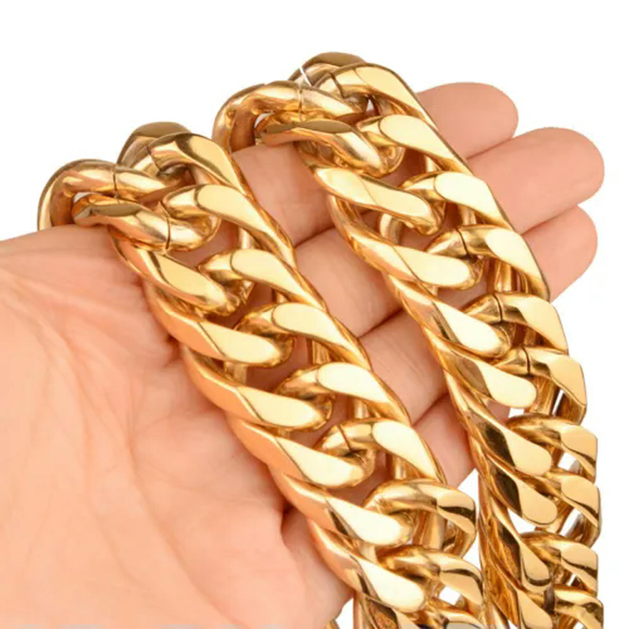 EOEMY 9mm-21mm Fashion 18K Gold Plated Stainless Steel Mens Curb Cuban ...