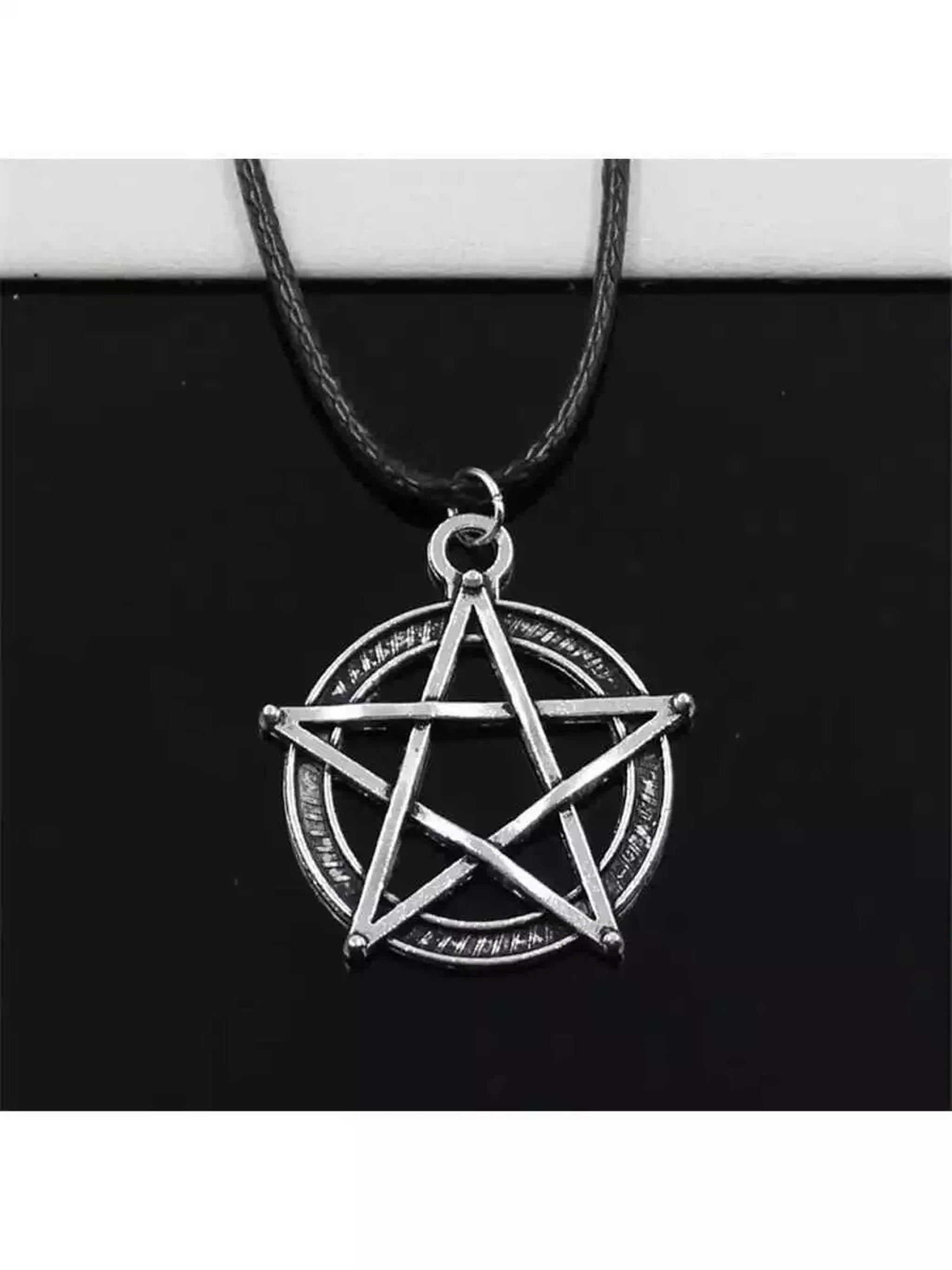 EOEMY Antique Silver Color Star Pentagram Pendant Leather Rope Chain ...