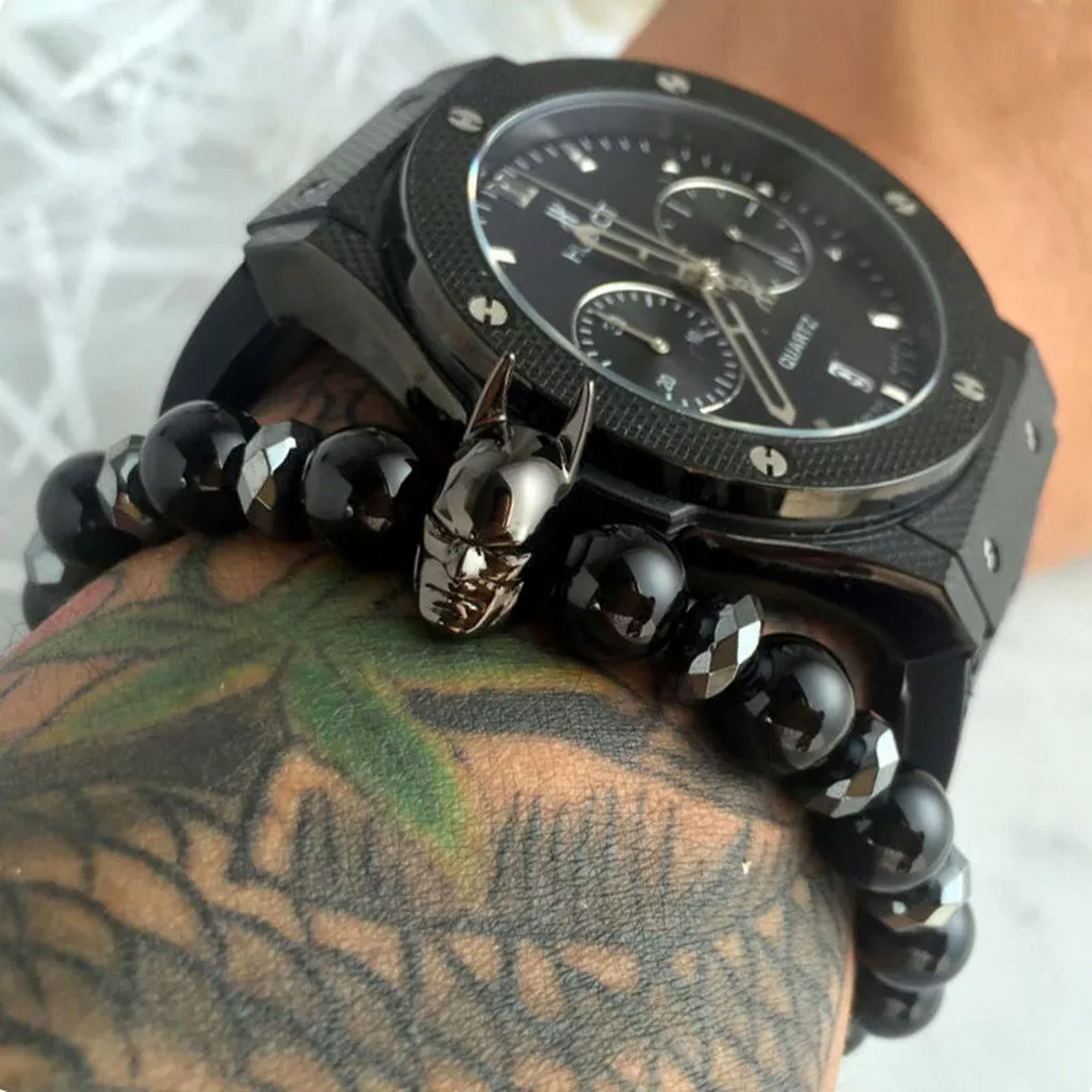 EOEMY Charm Black Batman Men 8mm Black Natural Onyx Round Male Hematite ...