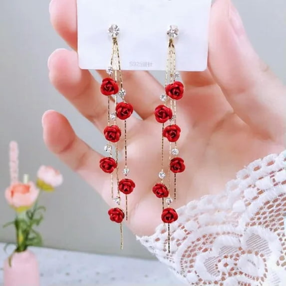 EOEMY Chic Gold Plated Rose Flower Crystal Tassel Earrings Drop Dangle ...