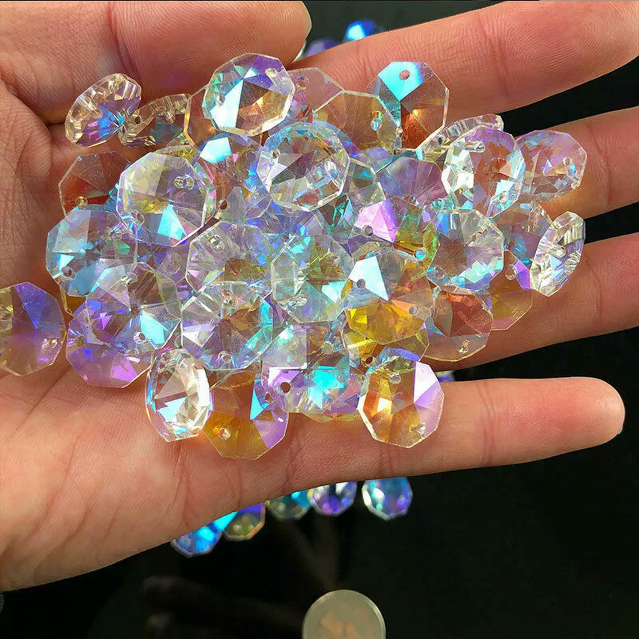 EOEMY Clear Octagon Crystal 2 Hole Glass Bead Chandelier Prism 50Pc Ab ...