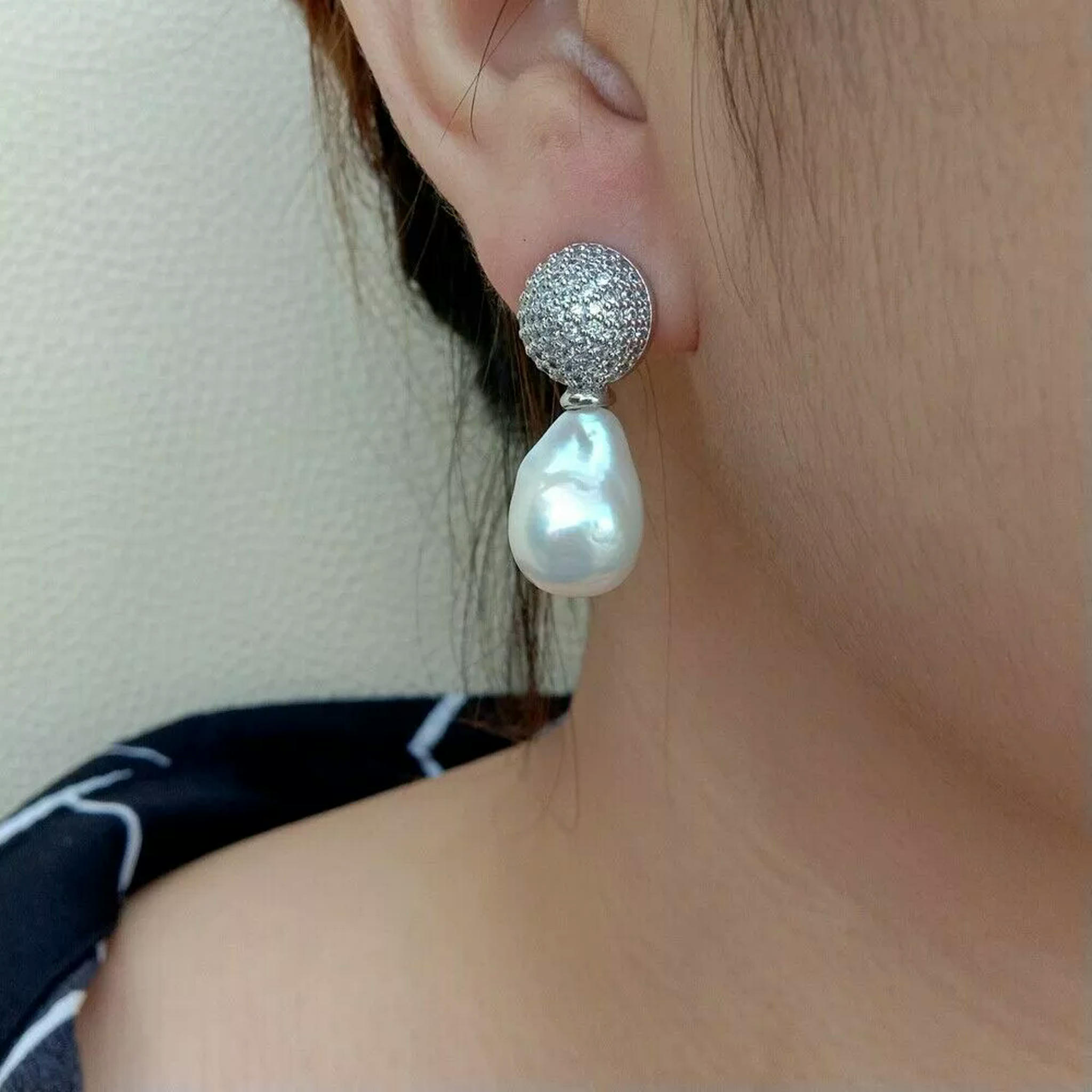 EOEMY Cultured Freshwater White Baroque Keshi Pearl Cz Pave Coin Stud ...