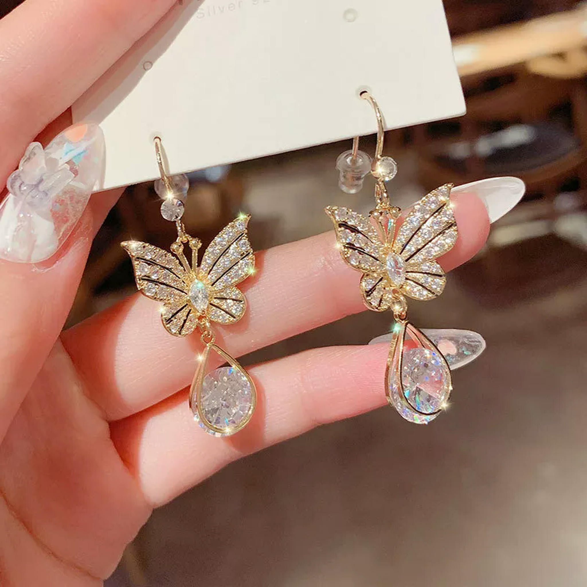EOEMY Fashion Gold Plated Crystal Butterfly Hook Earrings Drop Dangle ...