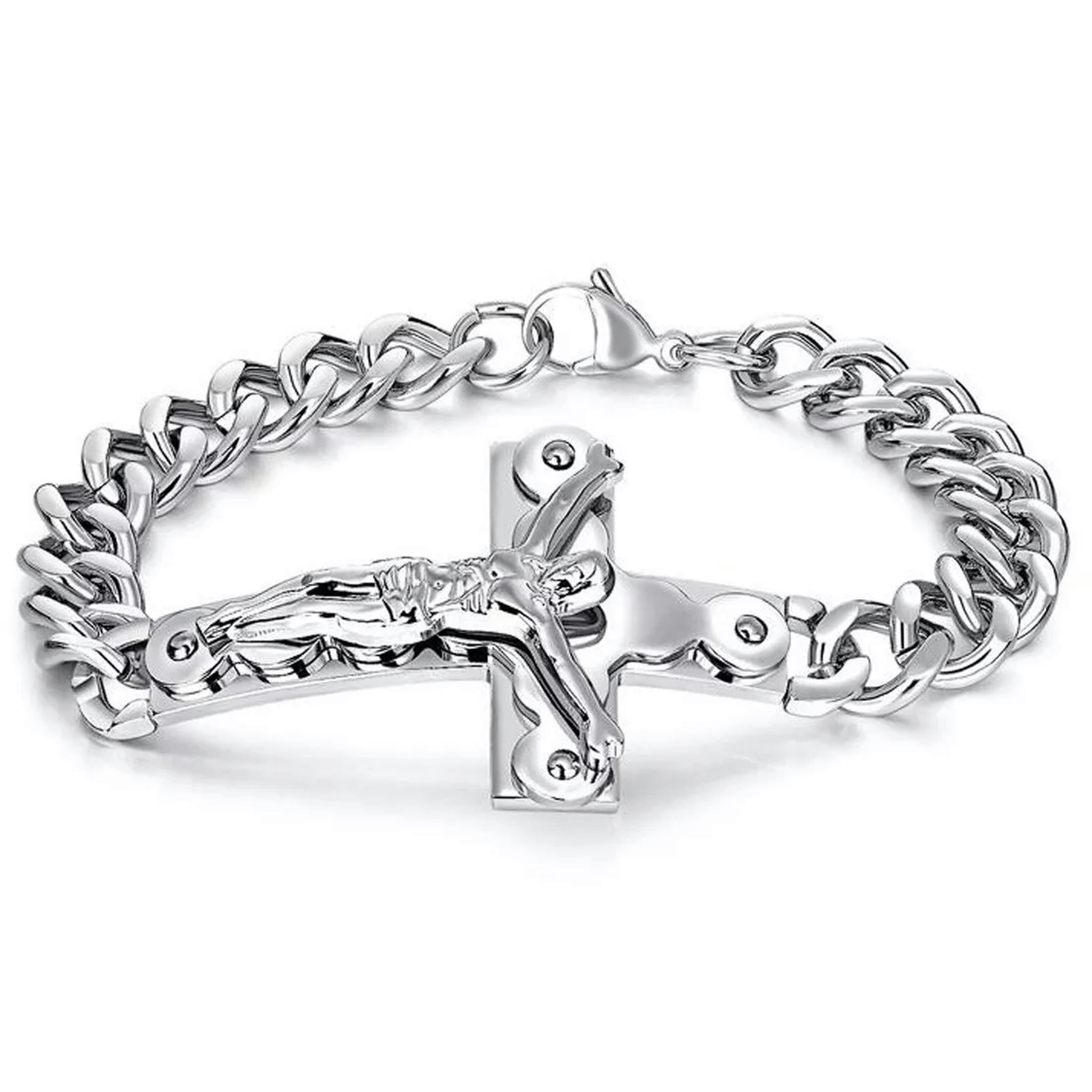 EOEMY Fashion Stainless Steel Curb Chain Wristband Mens Jesus Cross ...