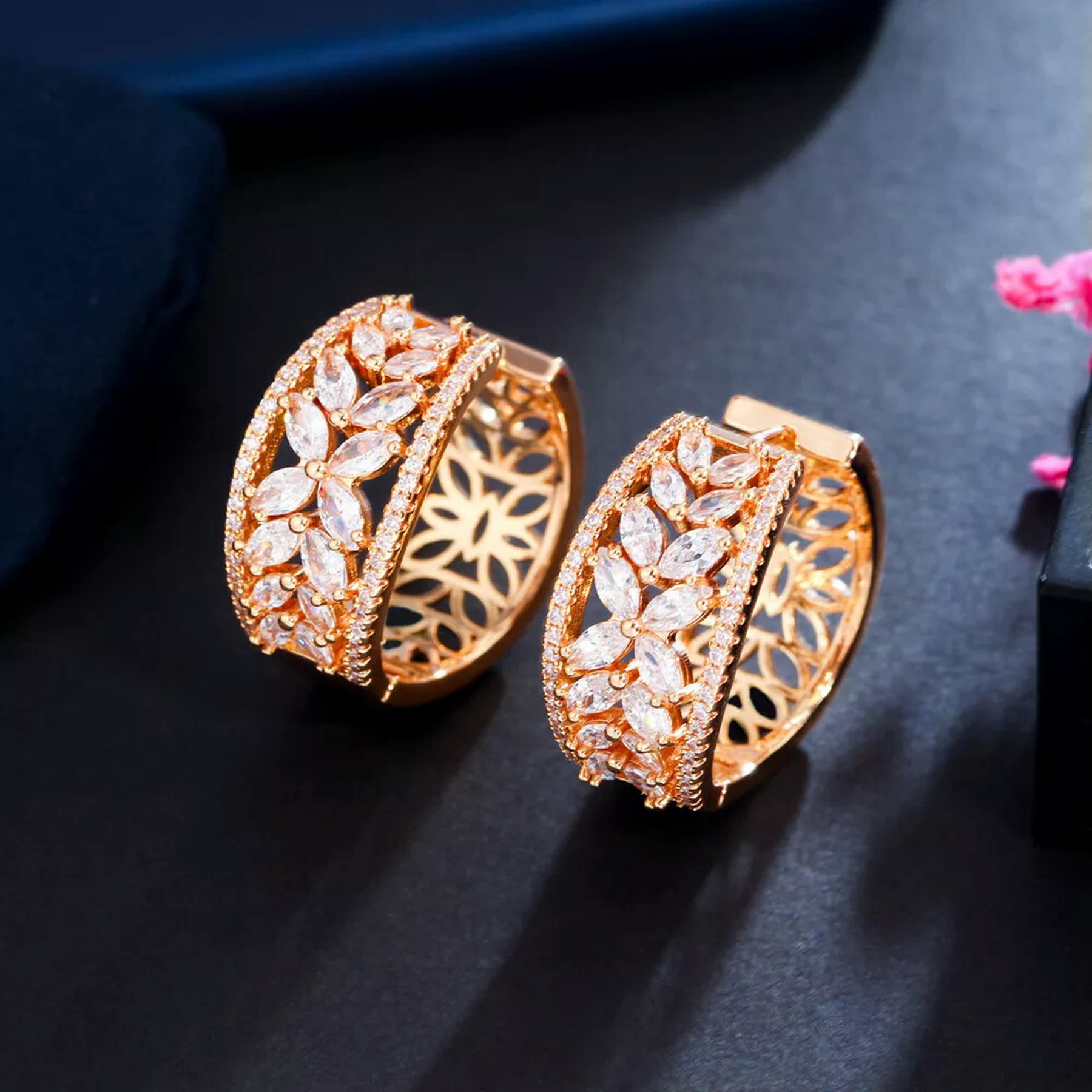 EOEMY Gorgeous 585 Gold Cz Big Leaf Hollow Out Round Hoop Earrings For ...