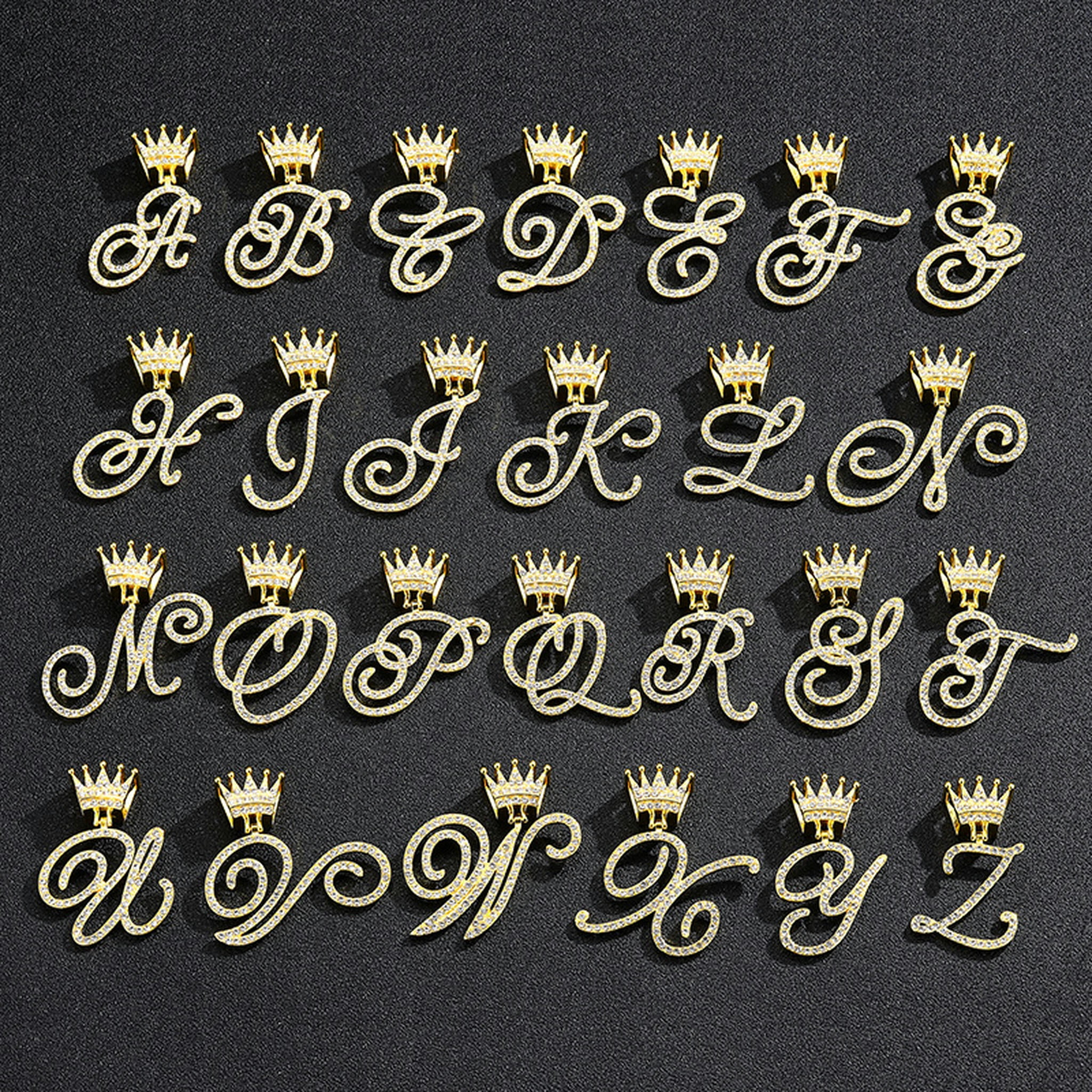 EOEMY Hip Hop 26 English Letter Crown Curlicue Pendant Fashion Diamond ...