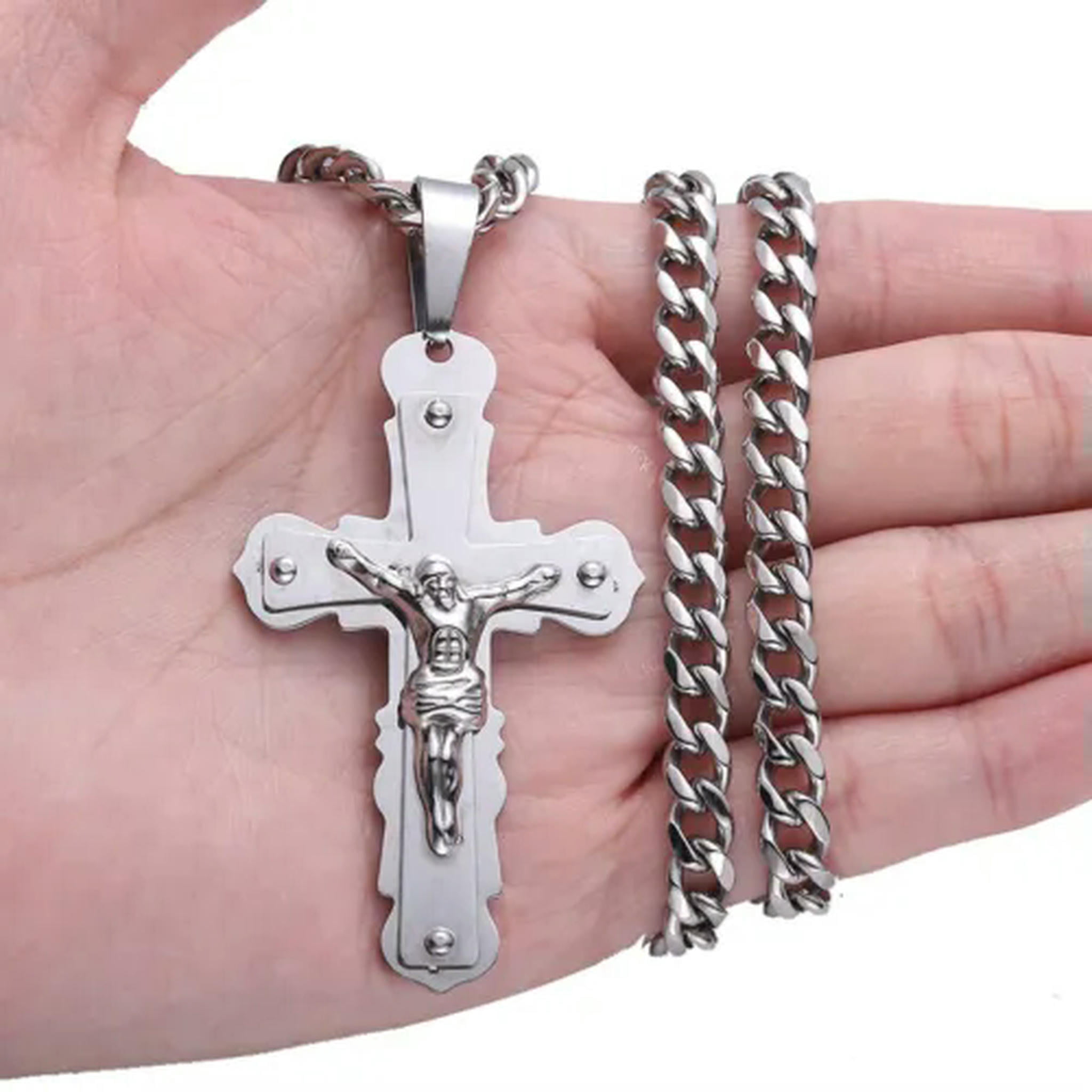 EOEMY Hot Mens Stainless Steel Gold Silver Jesus Crucifix Cross Pendant Chain Necklace-Silver ...