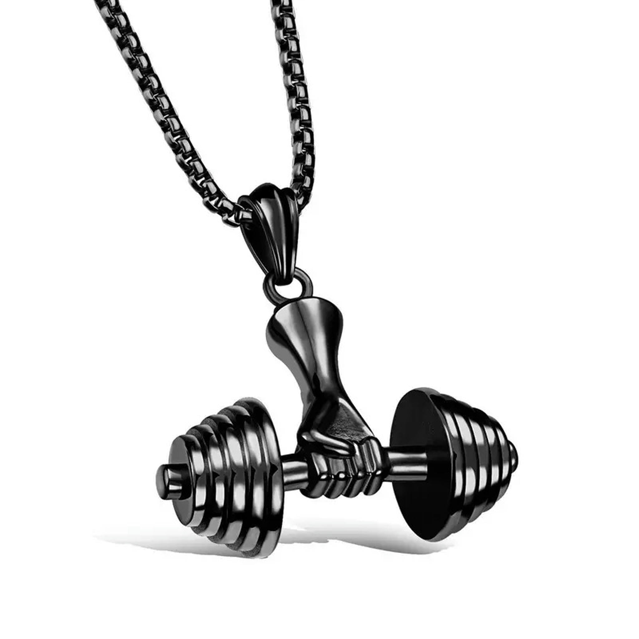 EOEMY Mens Stainless Steel Barbell Dumbbell Necklace Gym Weight Lifting ...