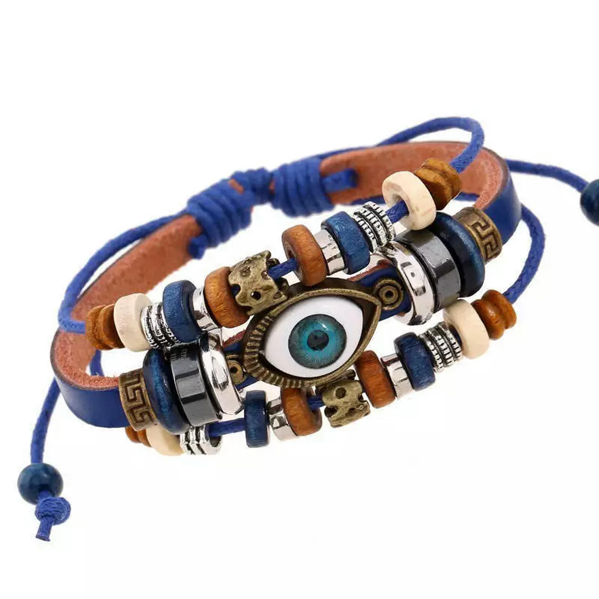 EOEMY Multilayer Blue Cowhide Devil'S Eyes Beaded Woven Bracelet Couple ...