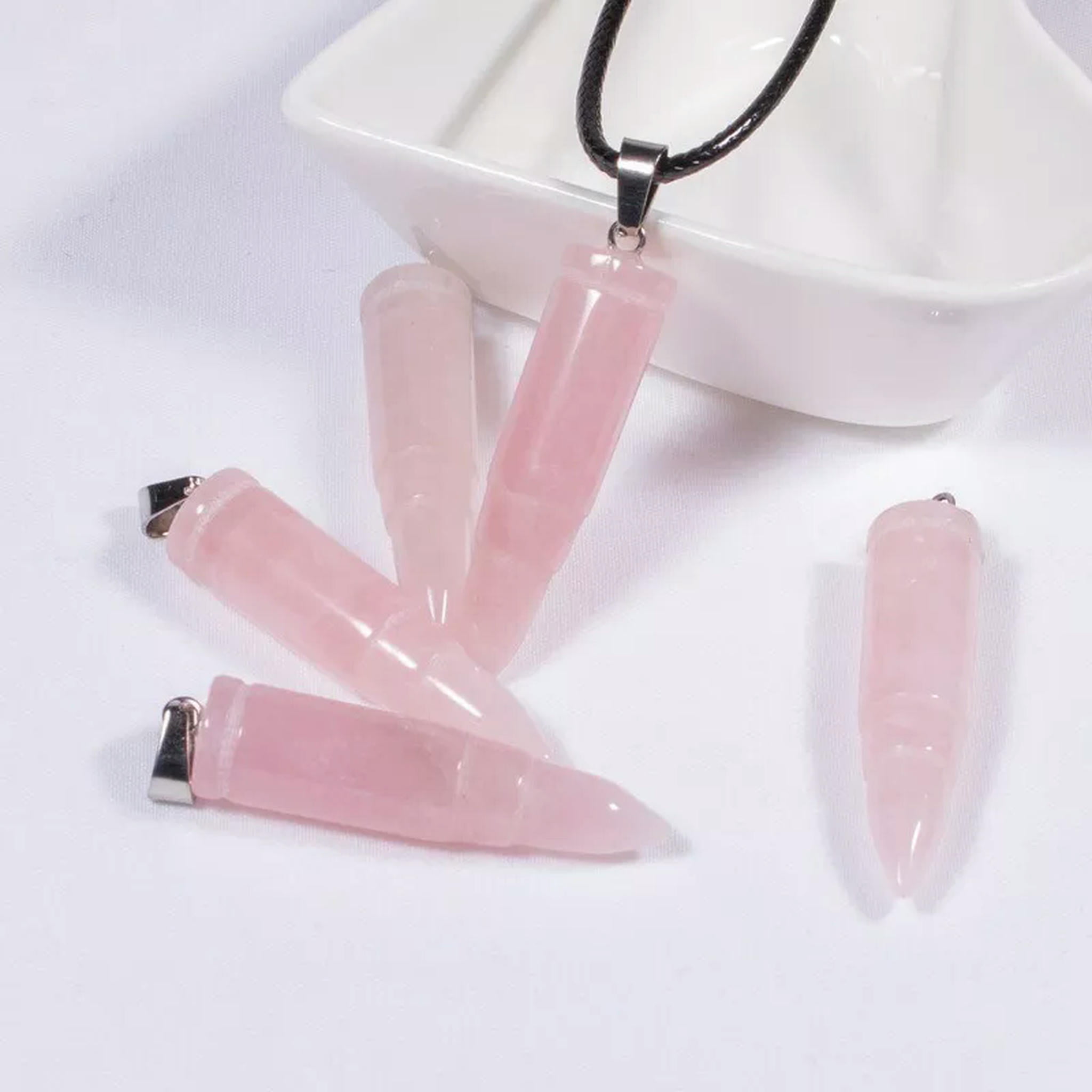 EOEMY Natural Healing Pink Rose Quartz Crystal Bullet Pendant Necklace ...