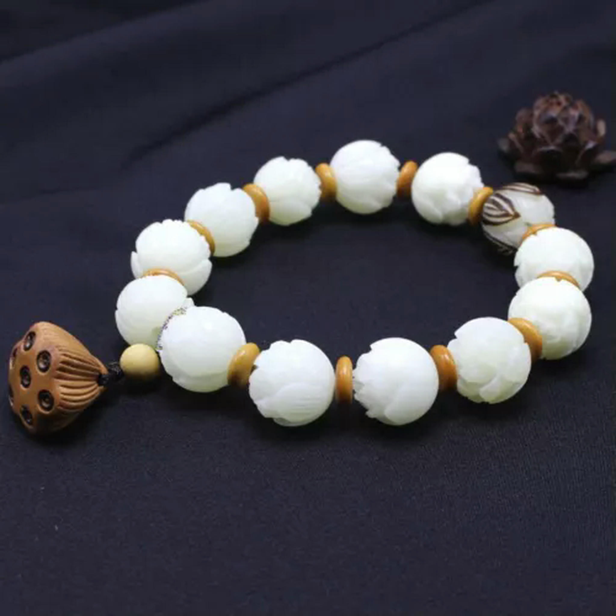 EOEMY Original Design Natural White Bodhi Root Beads Bracelet Lotus 108 ...