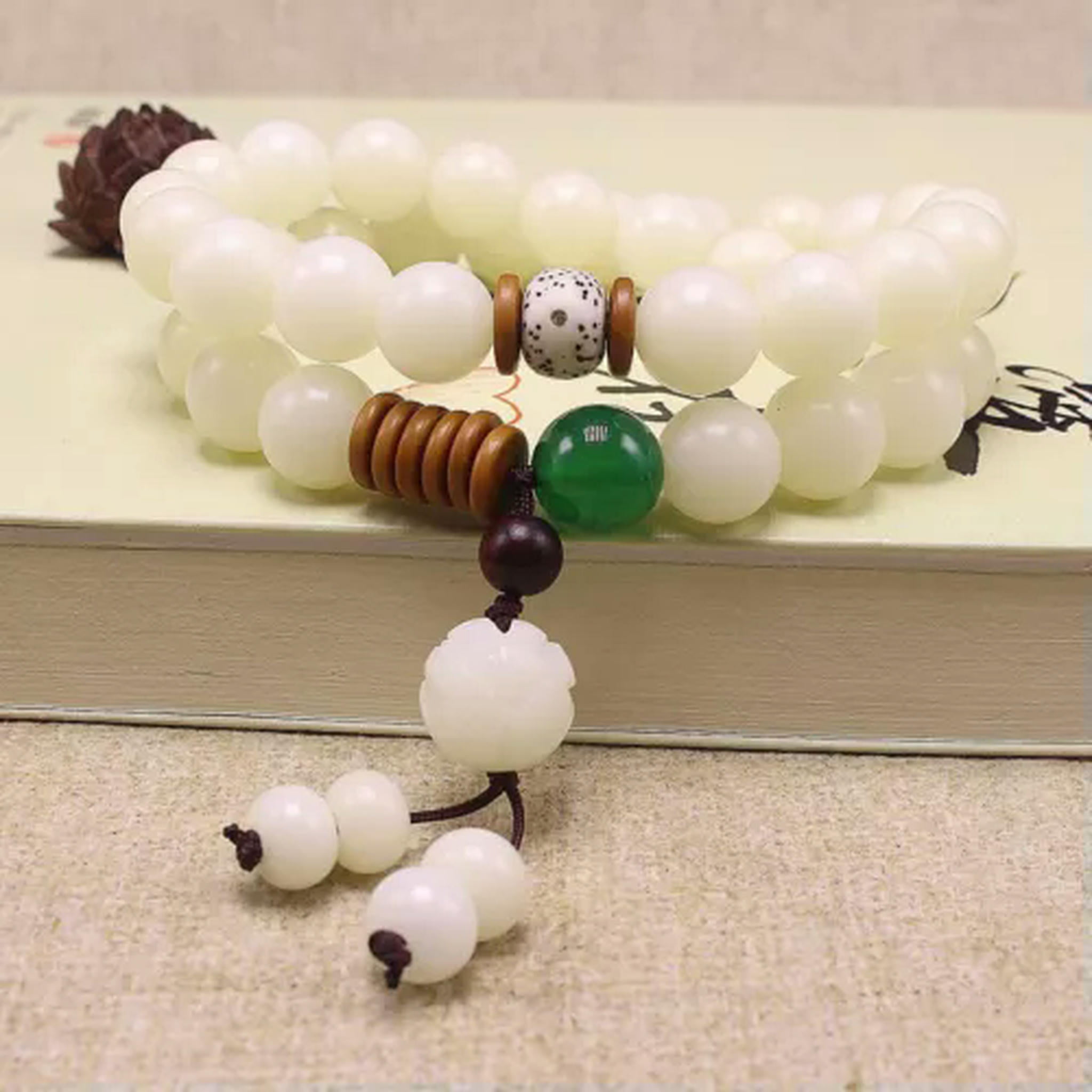 EOEMY Original Design Natural White Bodhi Root Beads Bracelet Lotus 108 ...