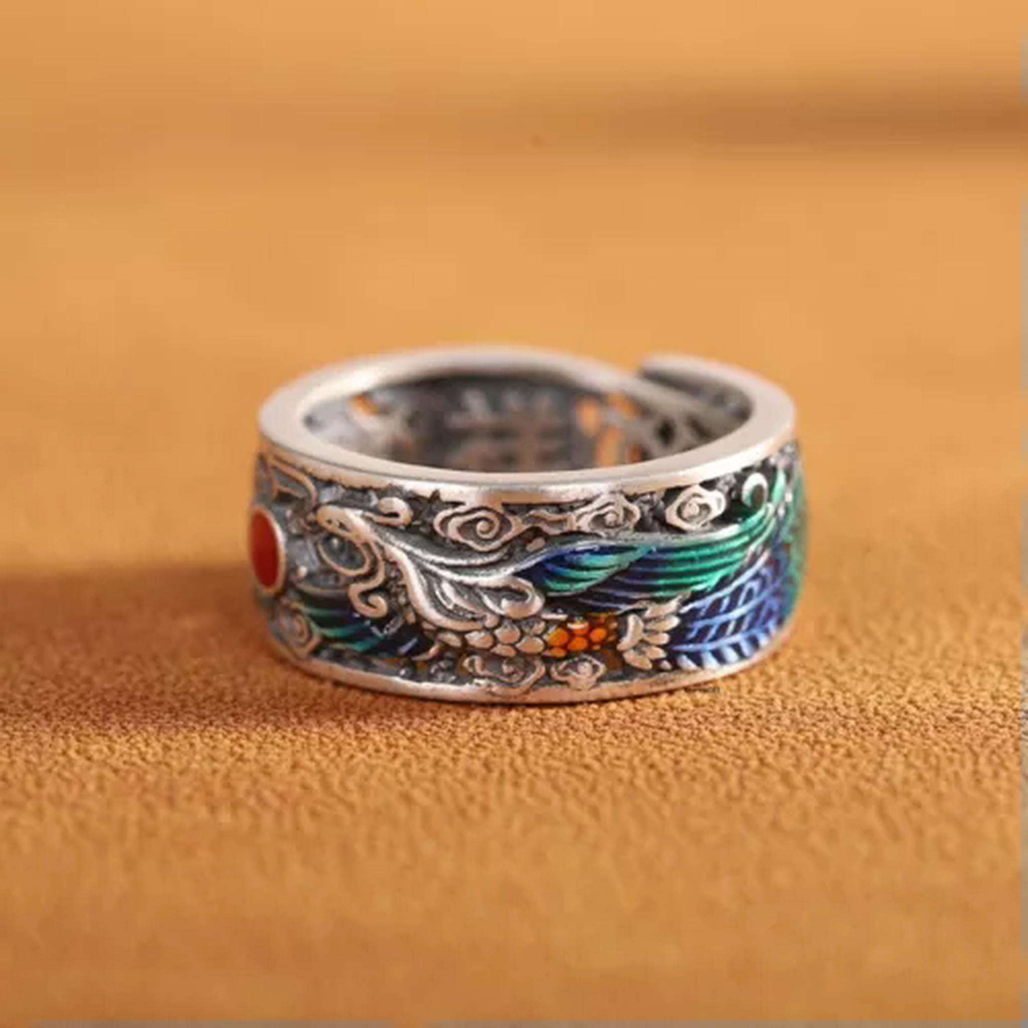 EOEMY Pure 990 Fine Silver Band Men Women Lucky Hollow Enamel Dragon Phoenix Ring - Walmart.com