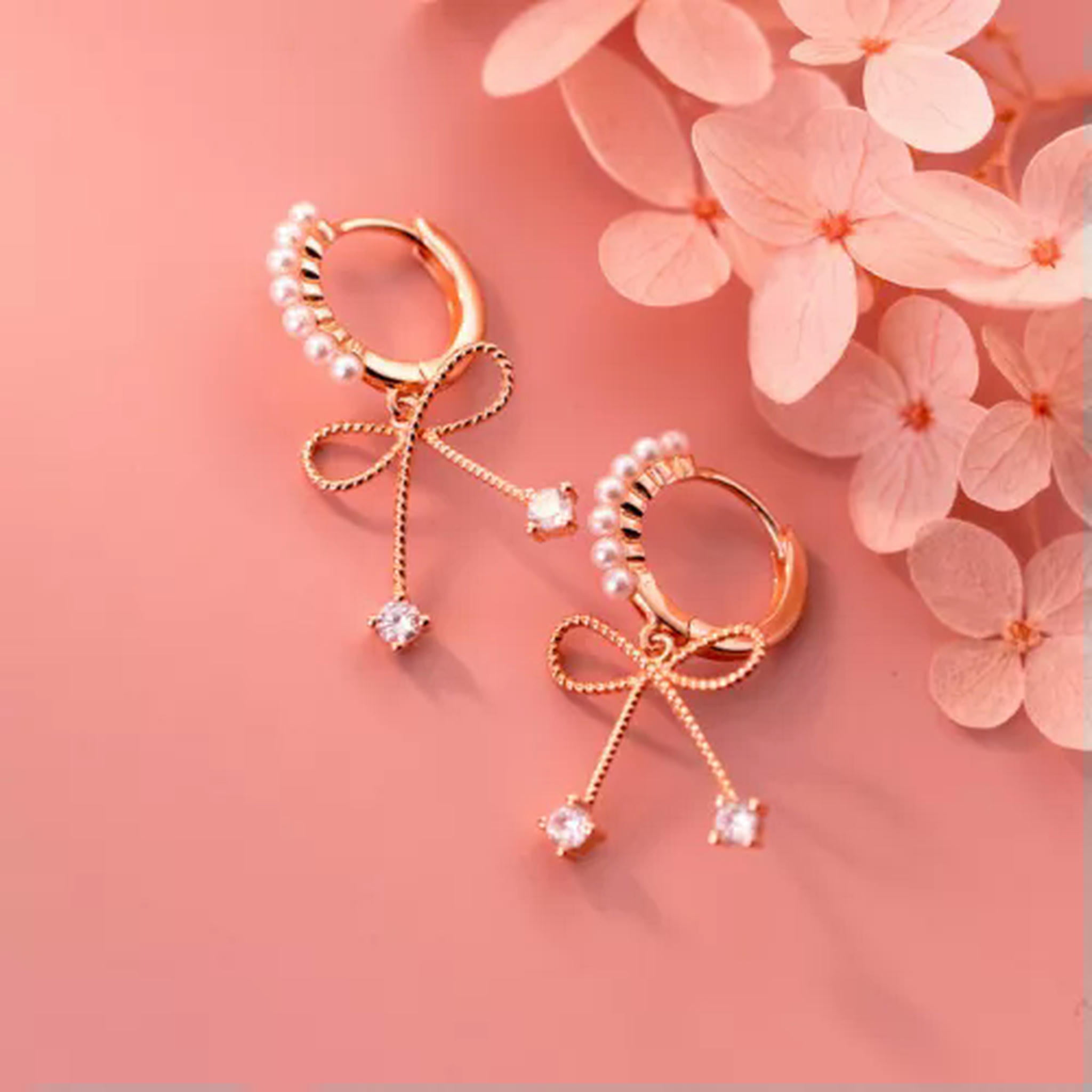 EOEMY Rose Gold Plated 925 Sterling Silver Ribbon Bow Hoop Earrings ...