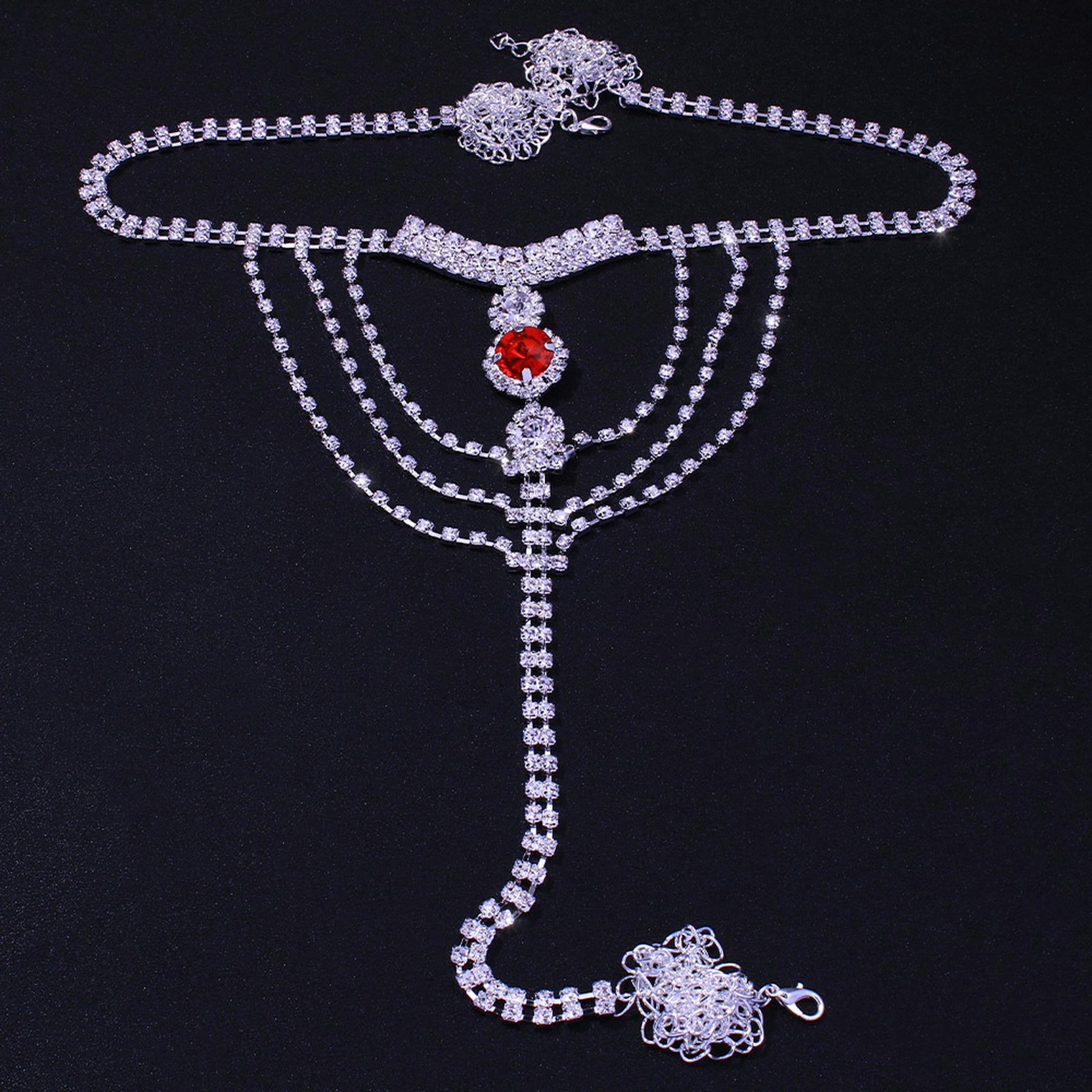 EOEMY Round Ruby Bikini Body Chain Sexy Rhinestone Panty Chain-Silver ...
