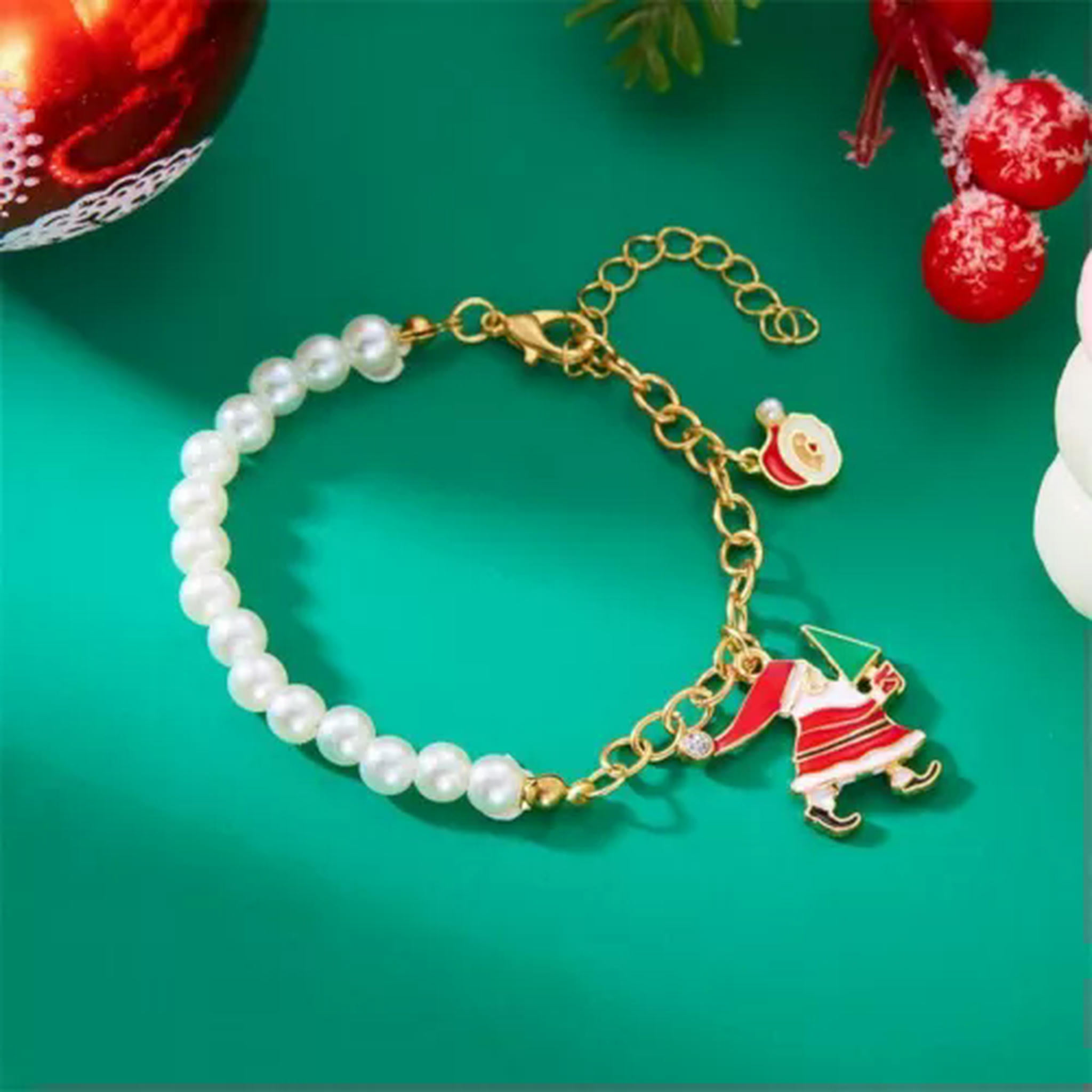 EOEMY Santa Claus Pearl Bead Gold Plated Chain Bracelet Bangle Women ...