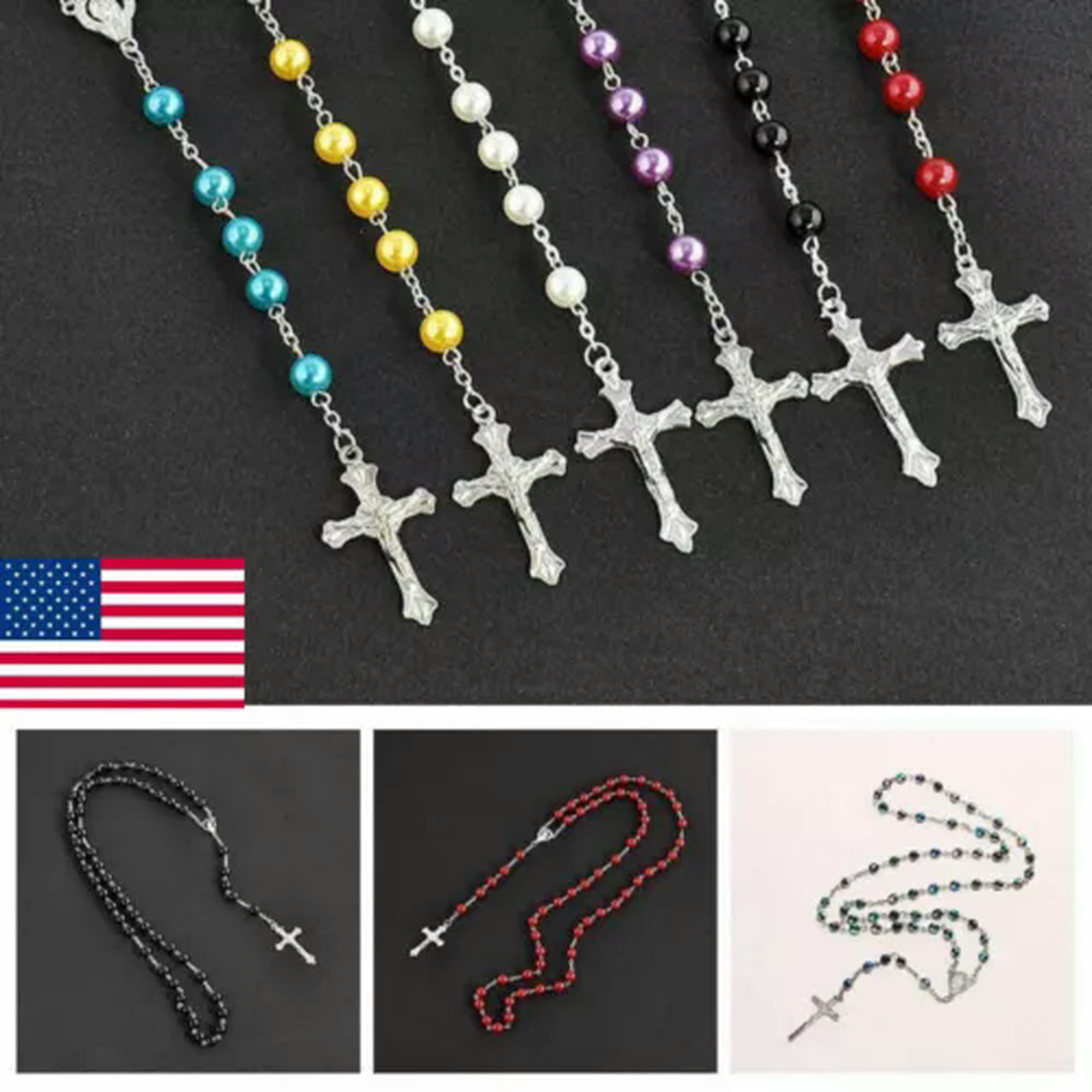 EOEMY Vintage Crucifix Jesus Cross Necklace Rosary Beads Chain Virgin ...