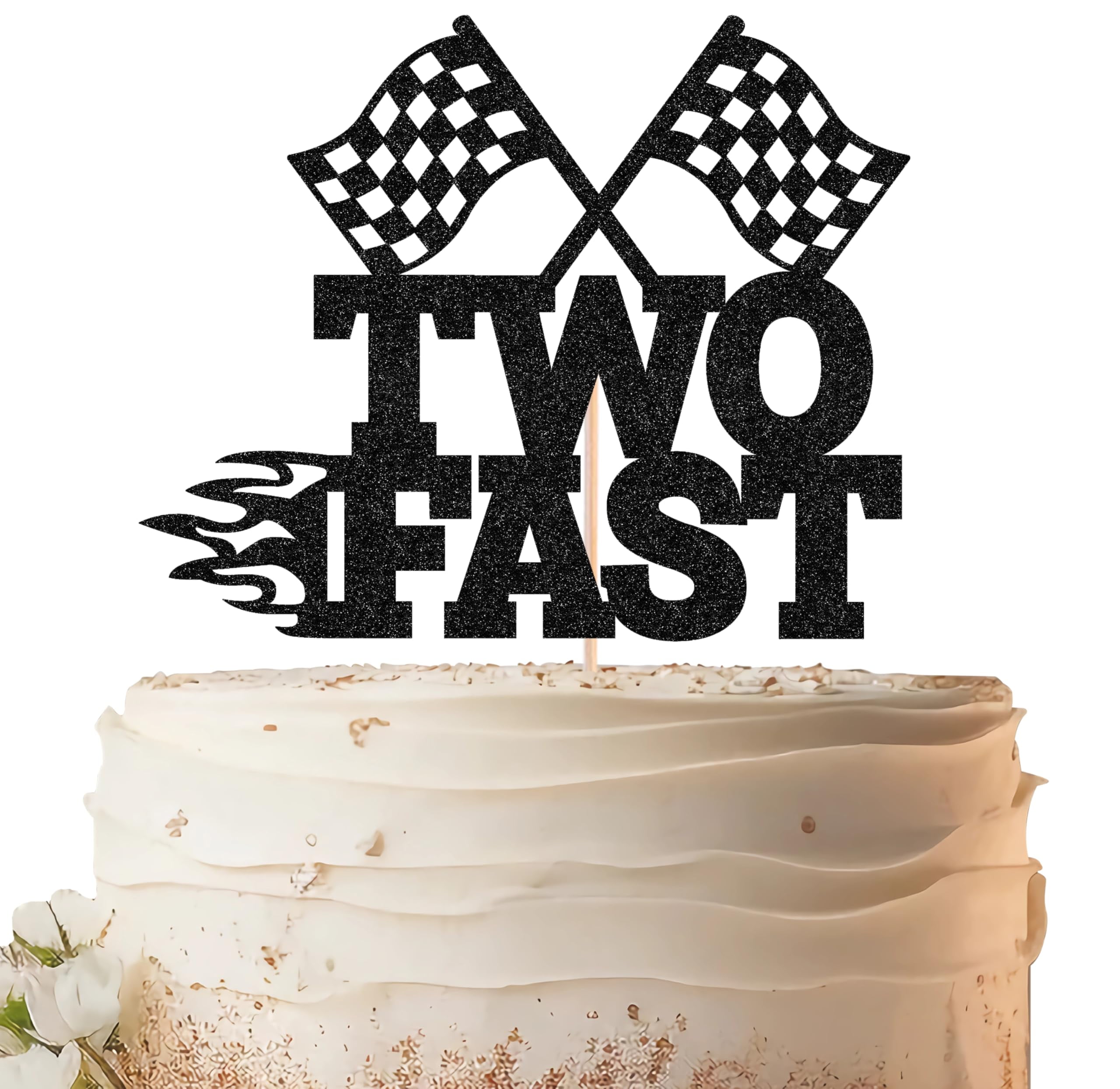 EONNCNT Two Fast Cake Topper - AIS1 Black Glitter Race Car Theme 2nd Birthday Party Cake ...