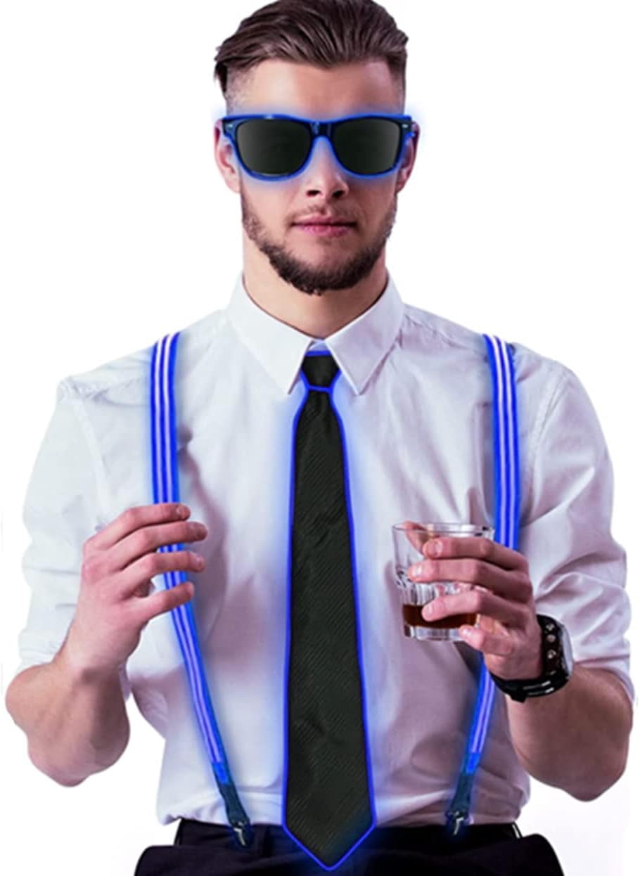EONQY LED Tie with LED Suspenders and LED Glasses, Light Up Neck Tie ...