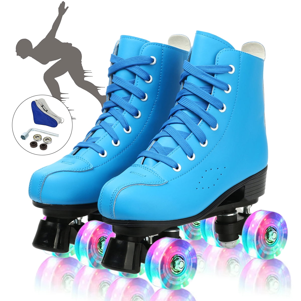 EONROACOO Blue Roller Skates for Teen Kids Adult, Shiny Wheels Leather ...