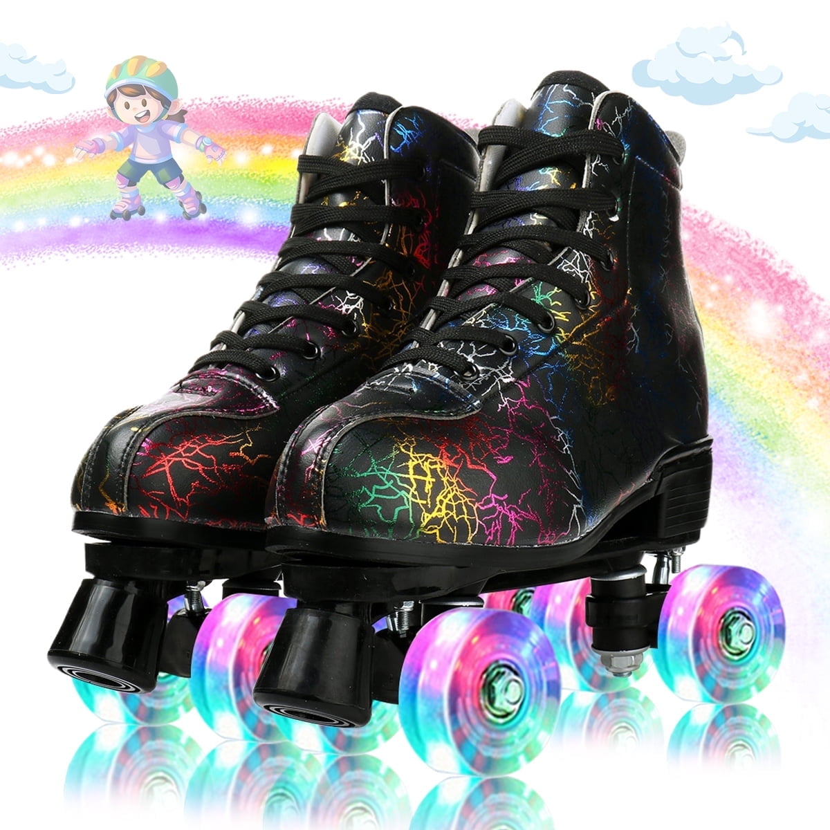 EONROACOO Boys Girls Roller Skates for Kids Teen, Light up Black Double ...