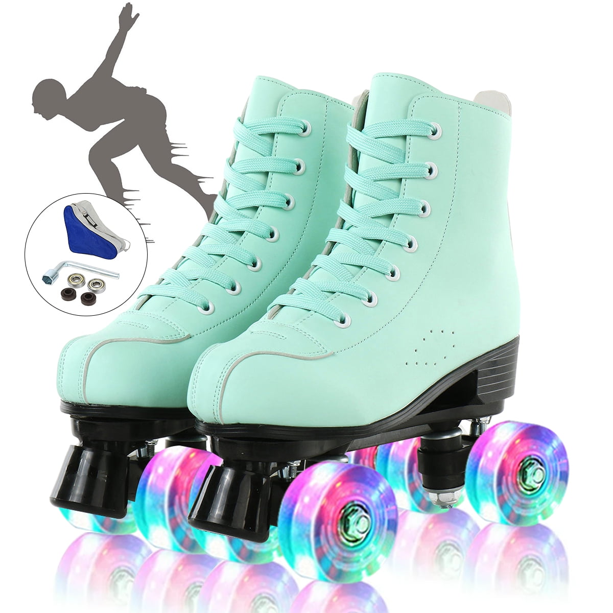 EONROACOO Green Roller Skates for Teen & Kids, Shiny Wheels Leather ...