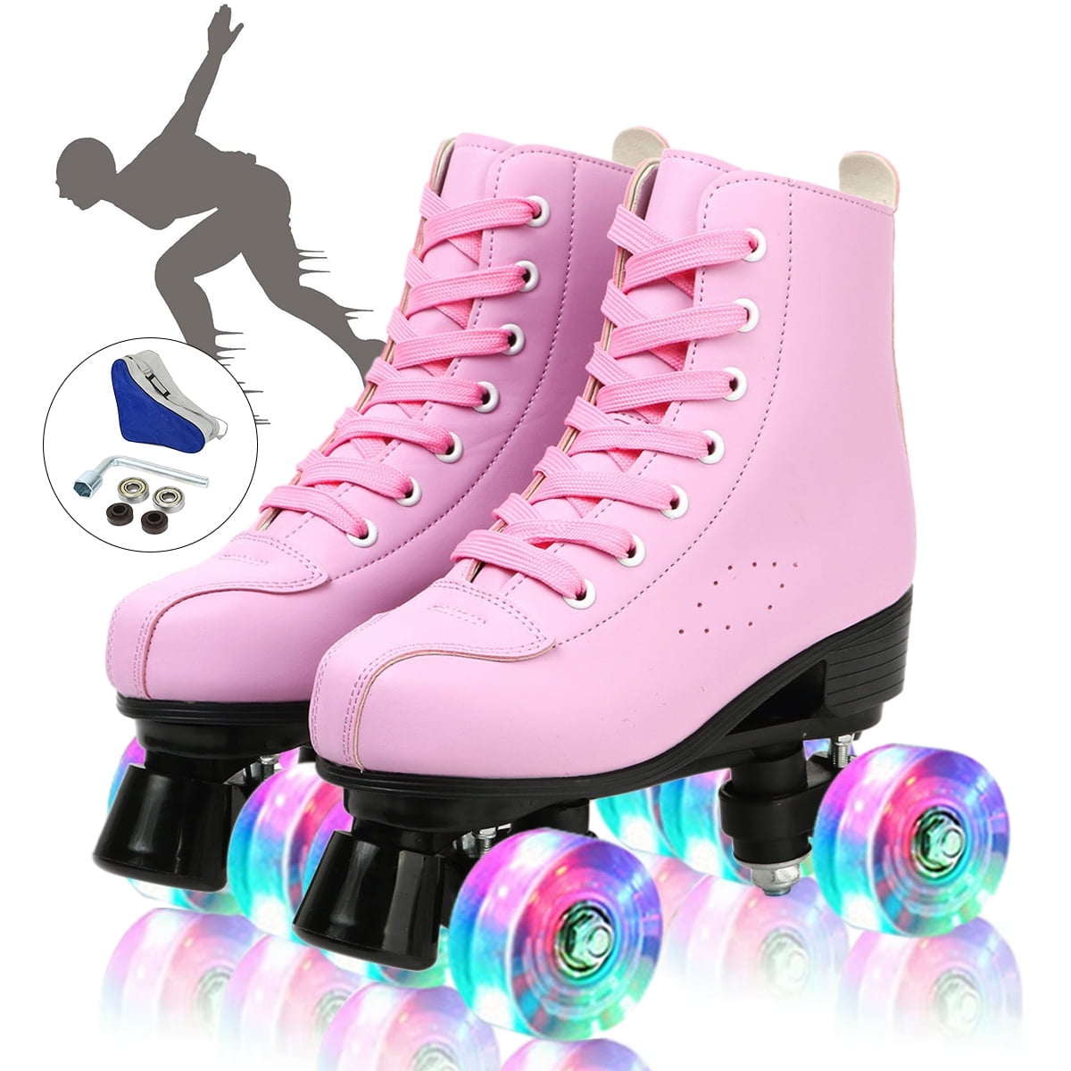 EONROACOO Pink Roller Skates, Adult High-Top Double Row Leather Shiny ...