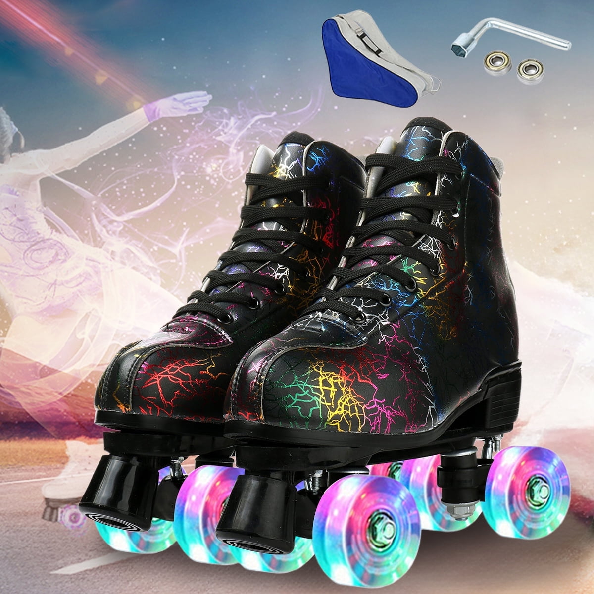 EONROACOO Roller Skates Double Row Leather Shiny Quad Skates for Teen ...