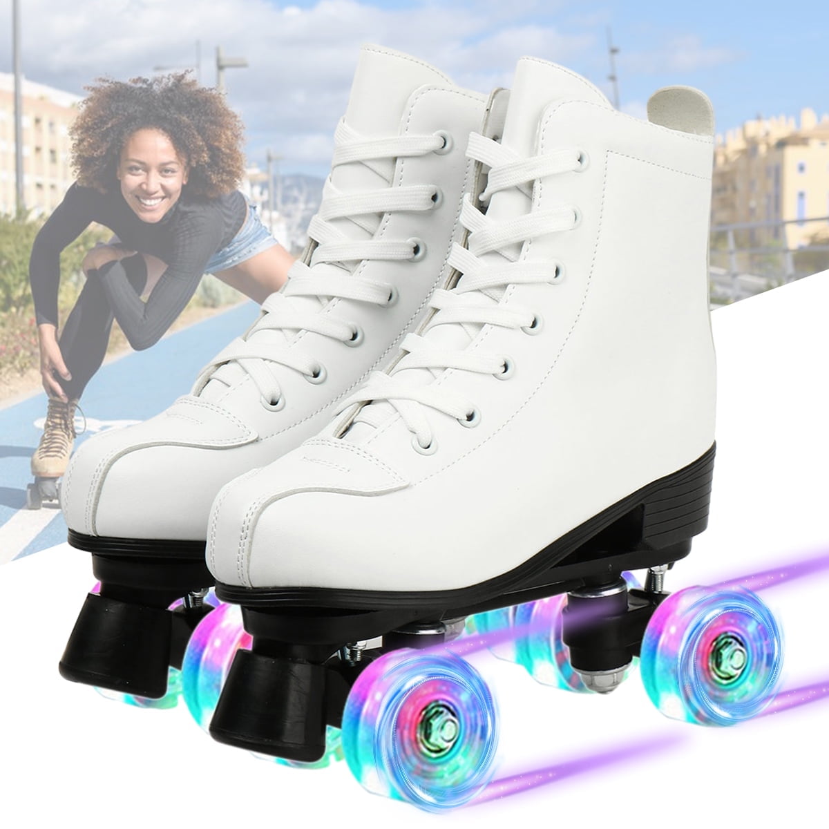 EONROACOO Retro Roller Skates, Shiny Wheels, Leather, Double-Row Quad ...