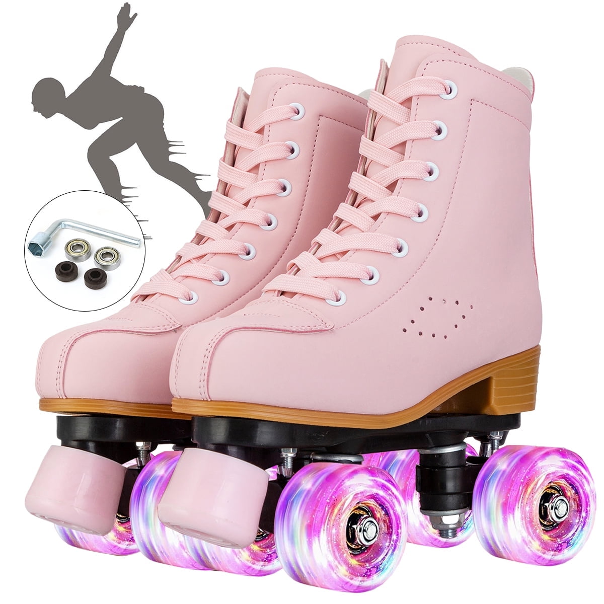 EONROACOO Roller Skates for Women and Girls, Pink PU Leather, Light Up ...
