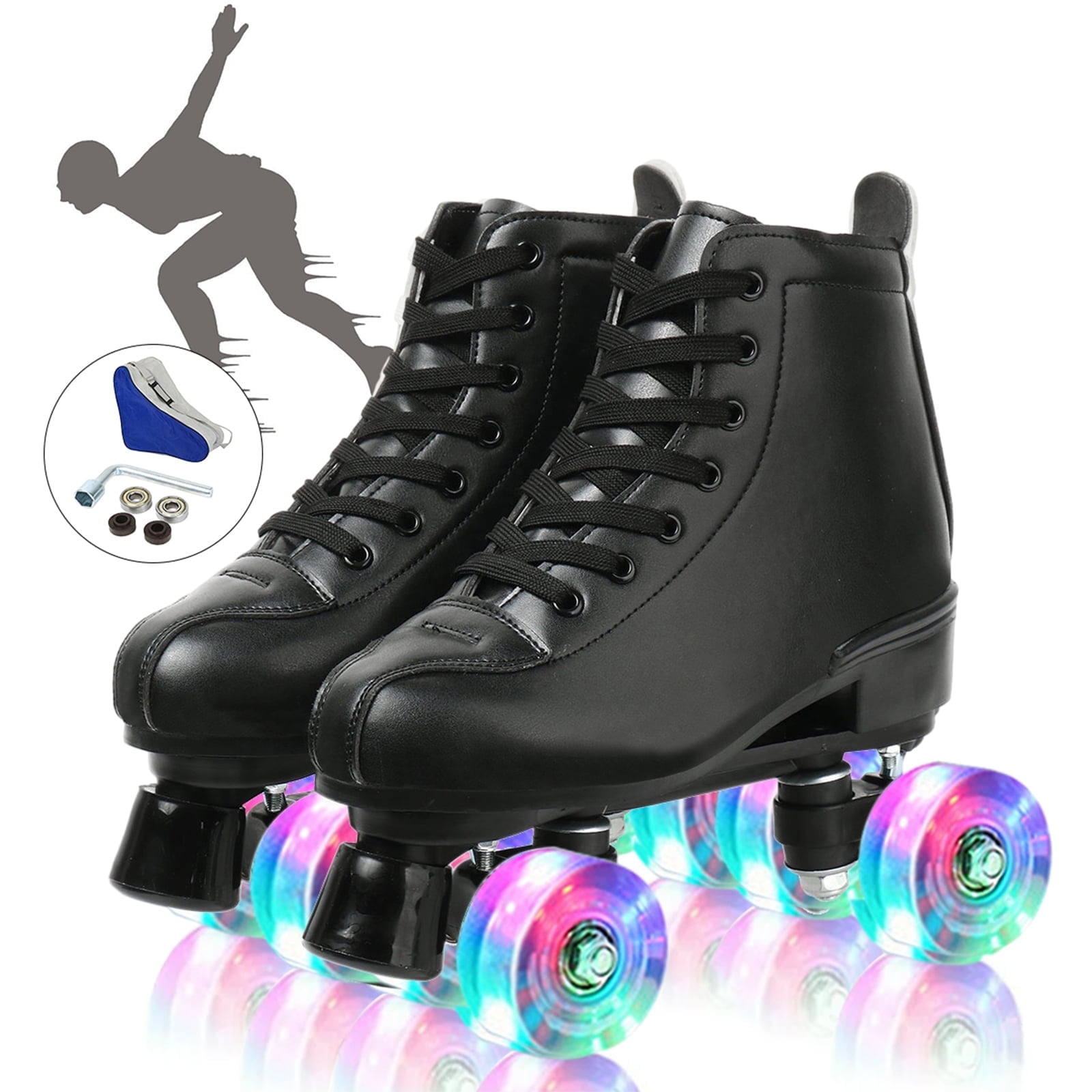 EONROACOO Teen Kids Roller Skates, Black PU Leather, Light Up Wheels ...
