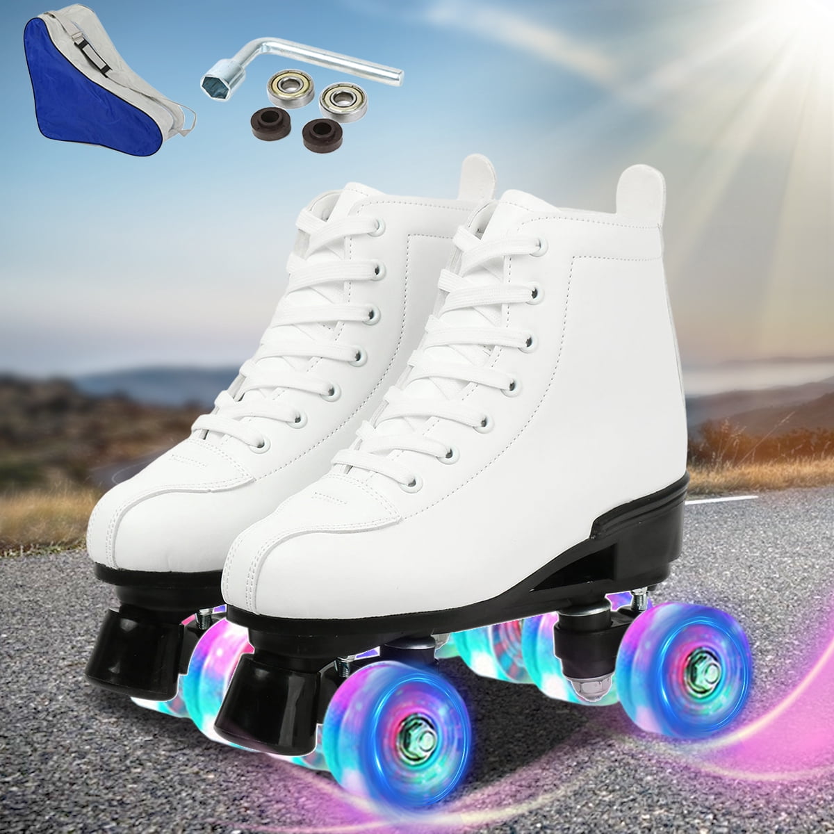 EONROACOO Women Men Roller Skates, Classic High Top Leather Light up ...