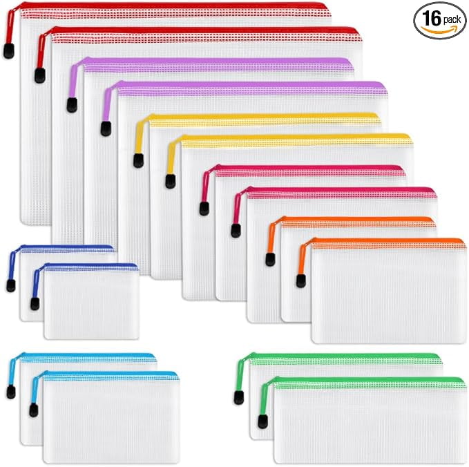 EOOUT 16pcs Mesh Zipper Pouch Bags, 8 Sizes 8 Color Plastic Waterproof ...