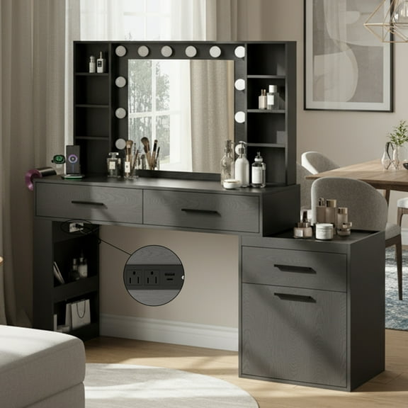 Jopath White Vanity Desk with Mirror & Lights,Makeup Vanity Table with ...