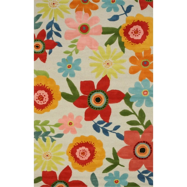 EORC Ivory Hand-Tufted Wool Transitional Camellia Rug, 5' x 8'-Color ...