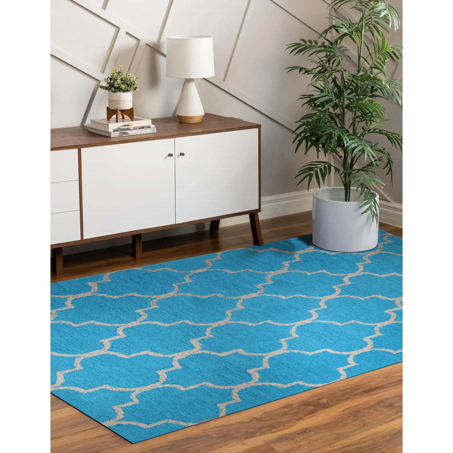 EORC Light Blue Traditional Trellis Geometric Moroccan Area Rug ...