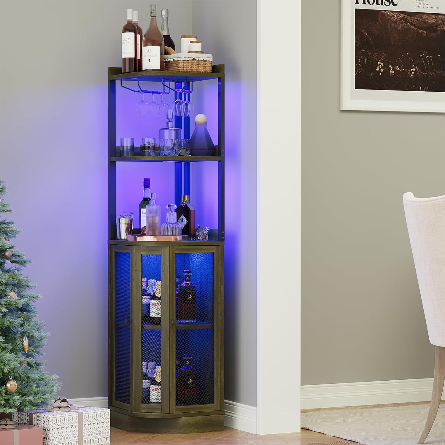 EOYUTLLY Corner Bar Cabinet With Power Outlet and LED Strip, 65" H 5 ...
