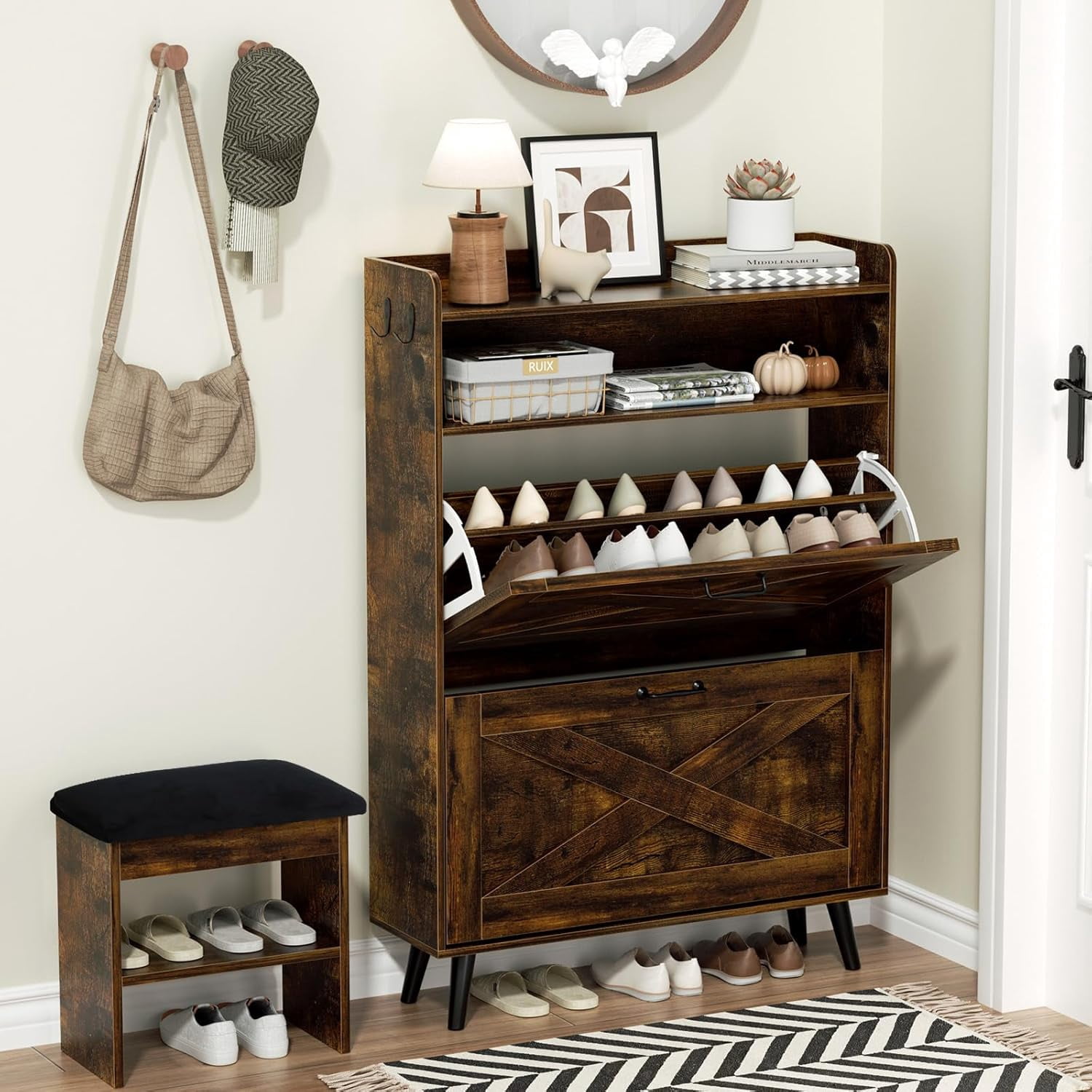 EOYUTLLY Shoe Storage Cabinet with Flip Drawers & Open Shelf ...