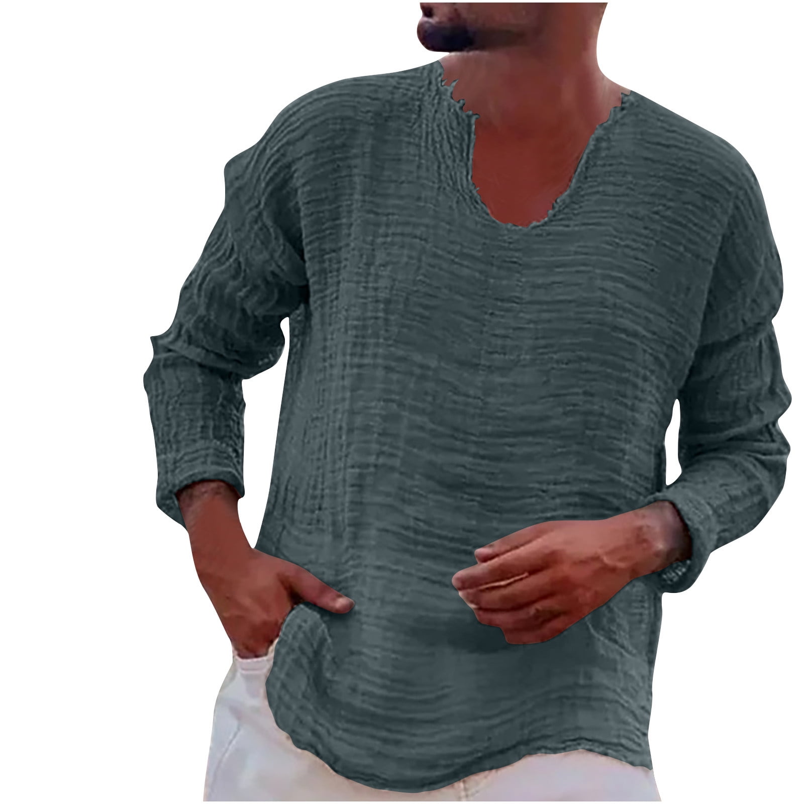 EOYWHK Mens Summer Blouses Man Long Sleeve Solid Color V-Neck Fashion ...
