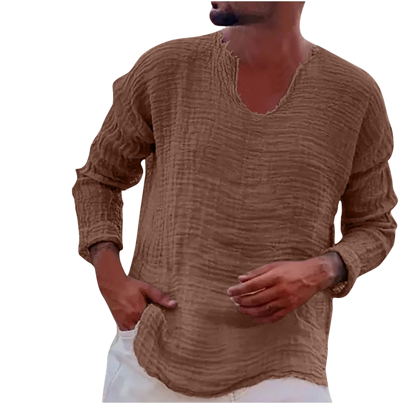 EOYWHK White Blouse for Men Man Long Sleeve Solid Color V-Neck Fashion ...