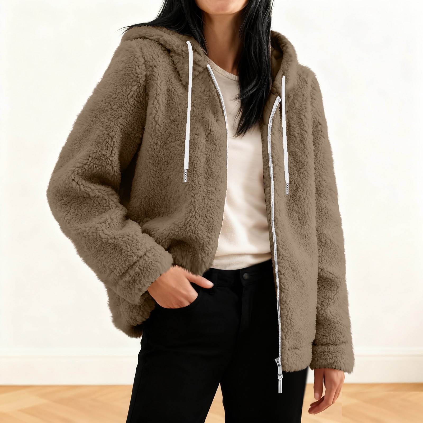EOYWHK Womens Sherpa Fleece Jackets Fall Winter Long Sleeve Fuzzy Warm ...