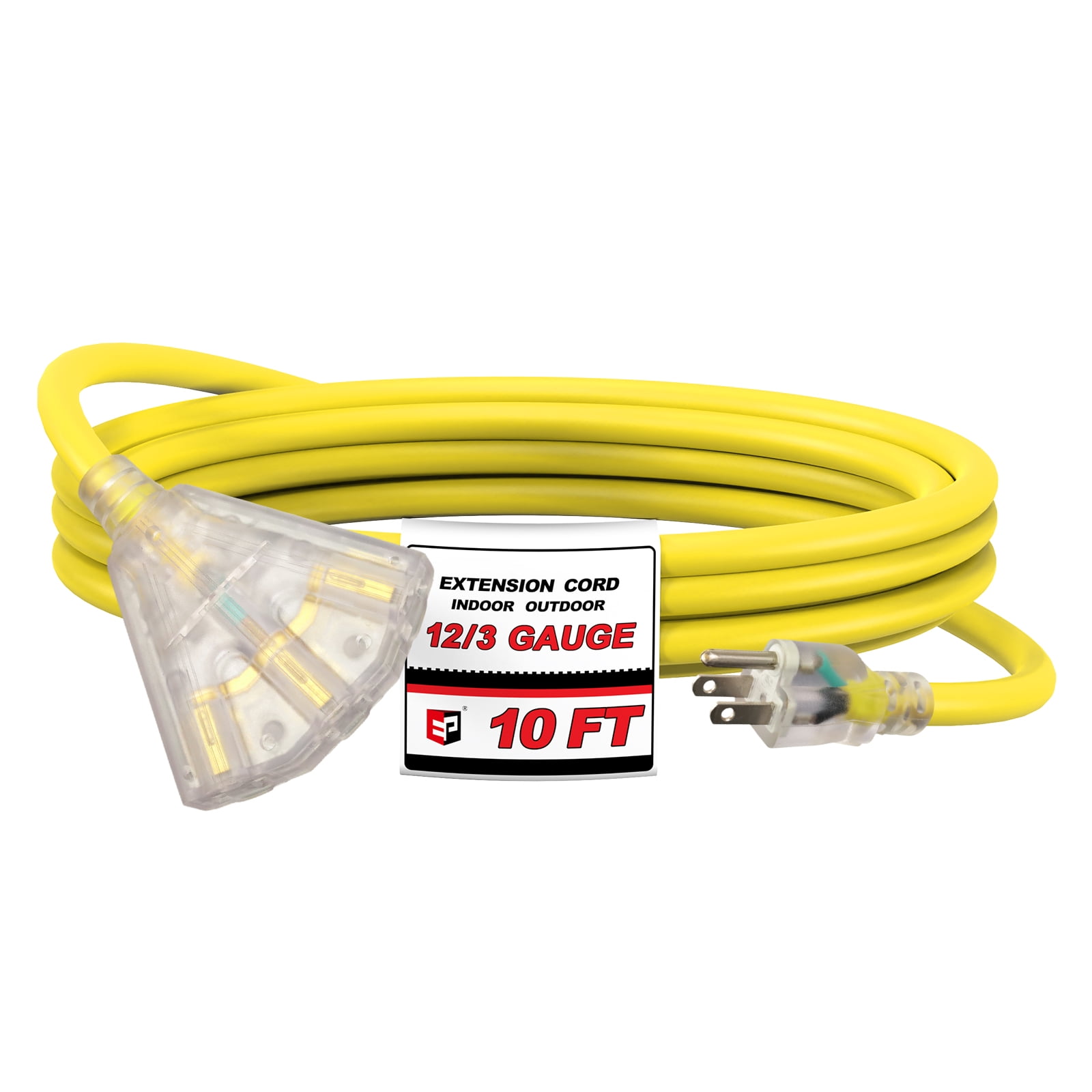 EP Heavy Duty 10 Ft 12/3 SJTW Outdoor Indoor Extension Cord, 3 Outlets ...