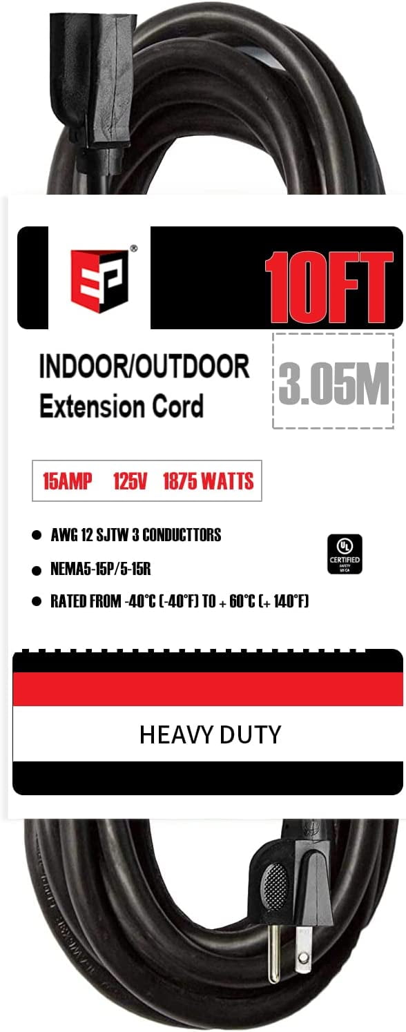 EP Heavy Duty 10 Ft 12/3 SJTW Black Outdoor/Indoor Extension Cord ...