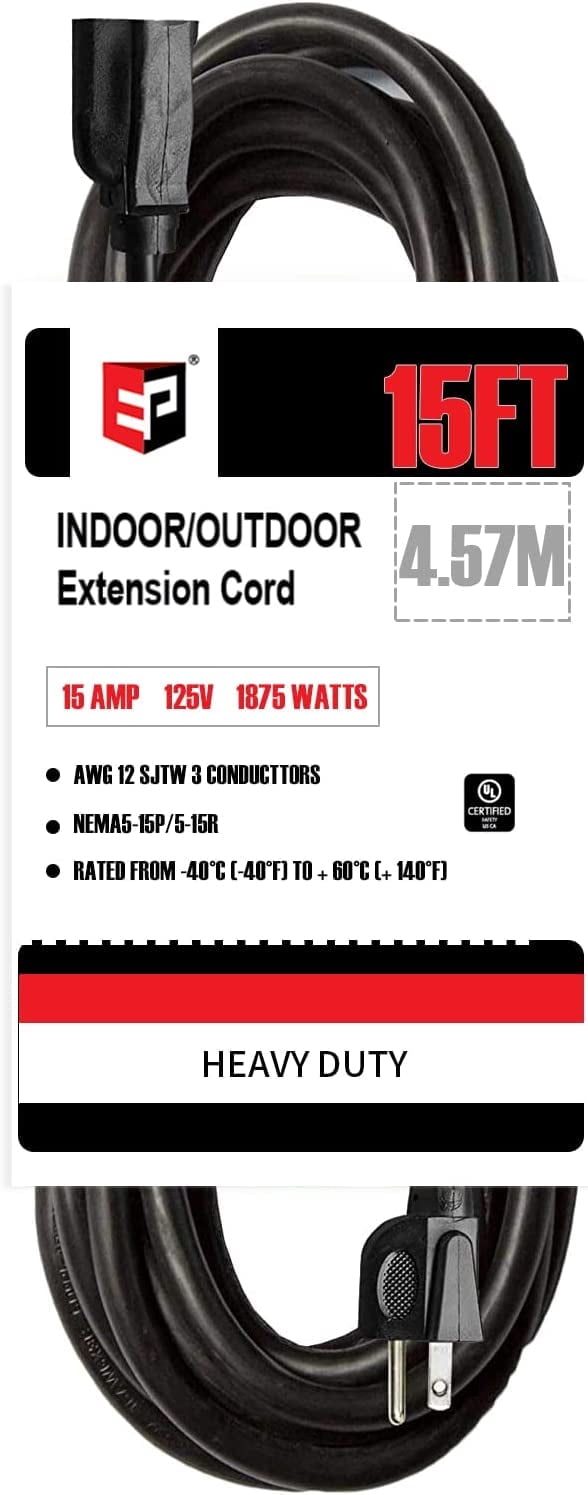 EP Heavy Duty 15 Ft 12/3 SJTW Black Outdoor/Indoor Extension Cord ...