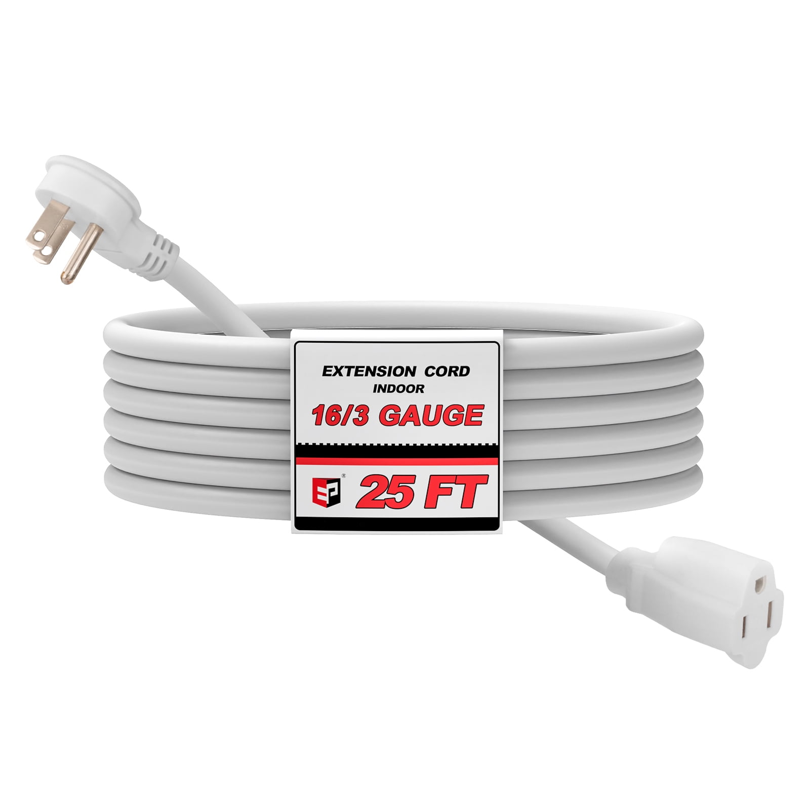 EP 25 Ft 16/3 Flat Plug Indoor Extension Cord, White Low Profile ...