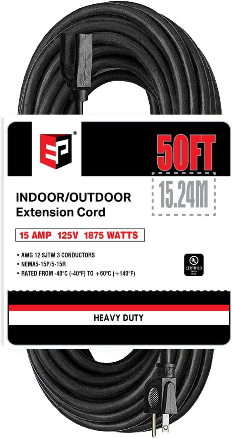 EP Heavy Duty 50 Ft 12/3 SJTW Black Outdoor/Indoor Extension Cord ...