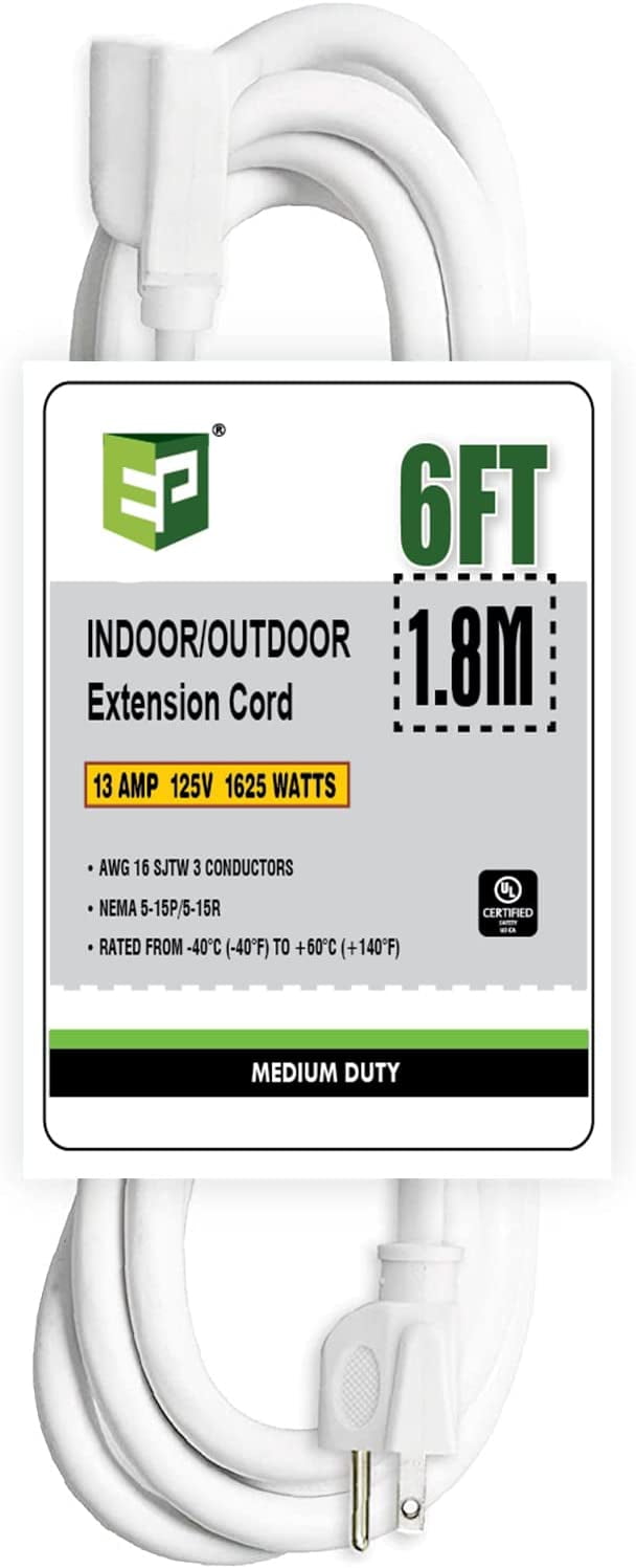 EP 6 Ft 16/3 SJTW White Outdoor/Indoor Extension Cord, Durable ...