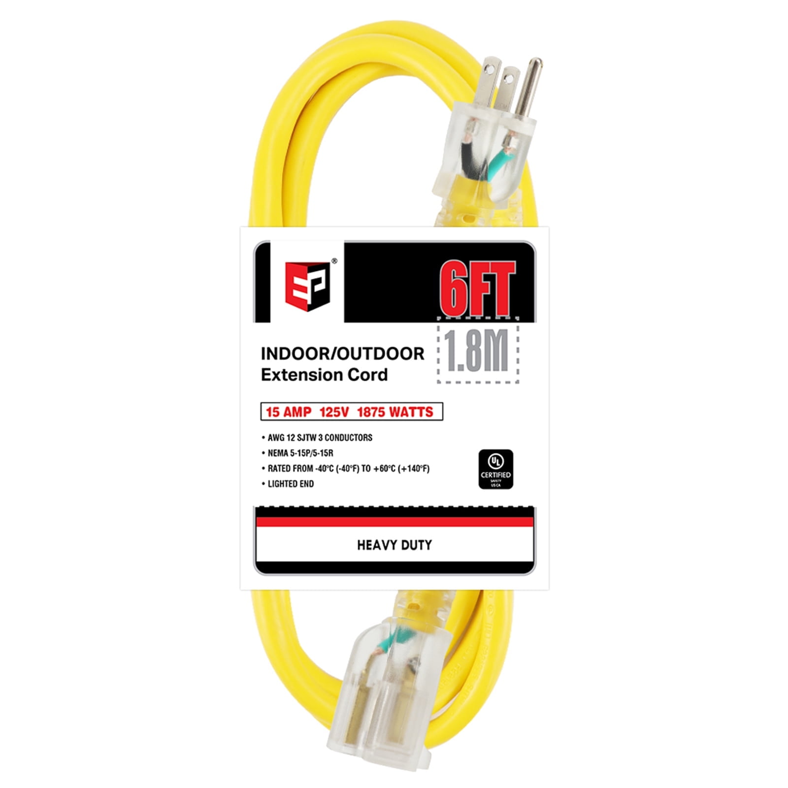EP 12/3 SJTW 12 Gauge 6 Ft Yellow Extension Cord, 1 Outlet, All-Weather ...