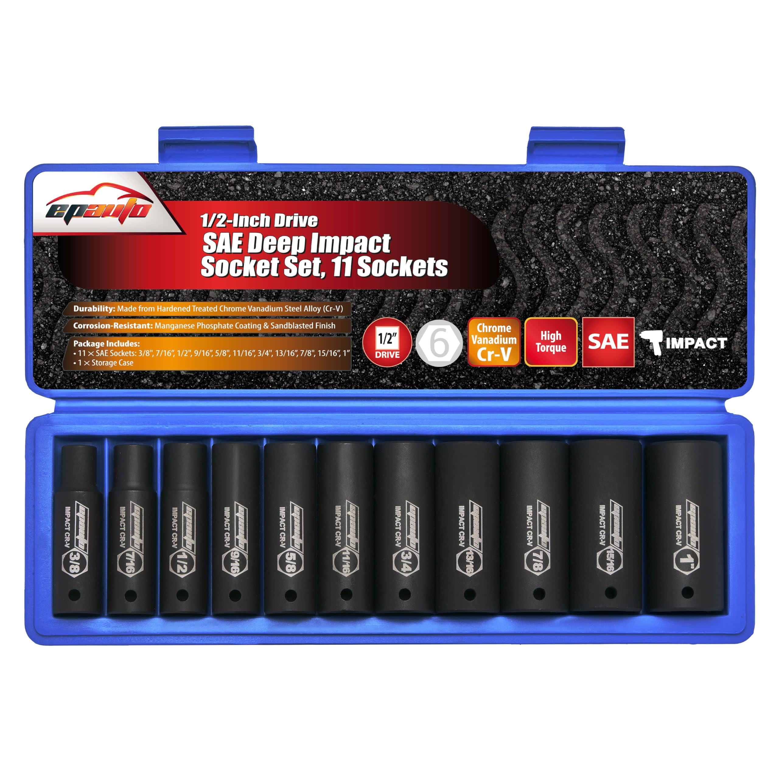 EPAuto 1/2-Inch Drive SAE Deep Impact Socket Set, Cr-V, 6 Points, 11 ...